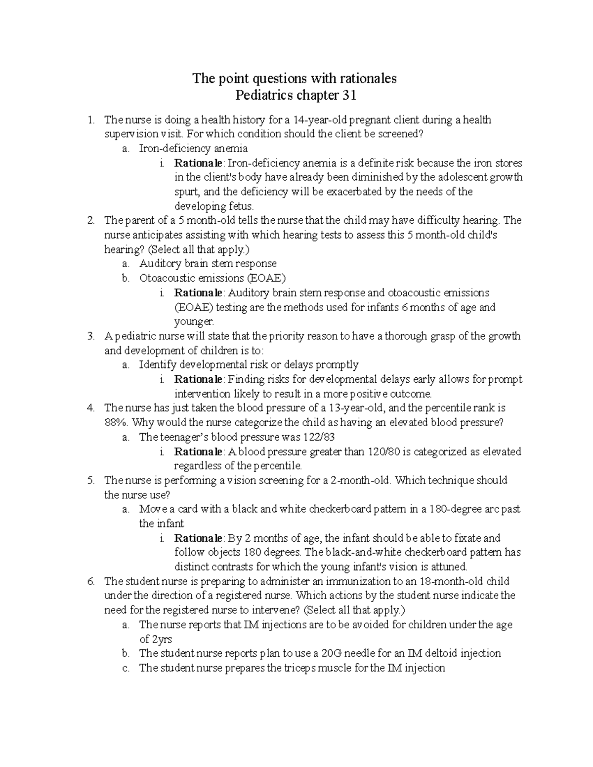 The point ch 31 - The point questions with rationales Pediatrics ...