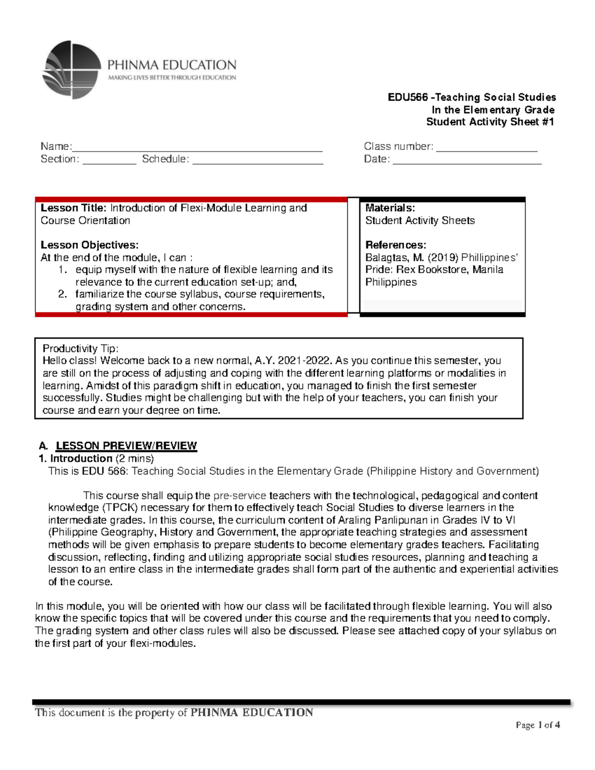 SAS#1-Edu566 - Introduction of FLEX Module learning - In the Elementary Grade Student Activity ...