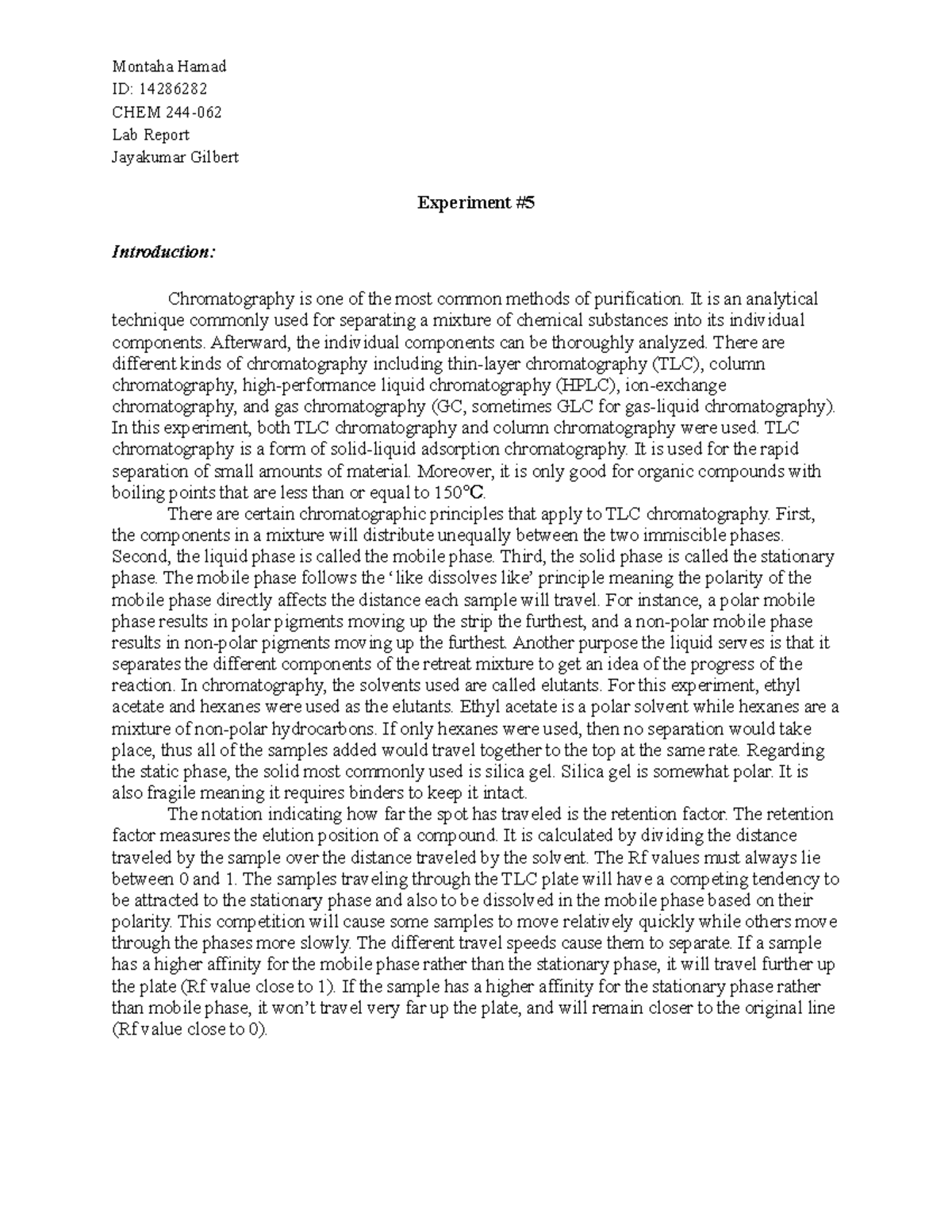 Chem244#5 - Lab Report - Montaha Hamad ID: 14286282 CHEM 244- Lab ...