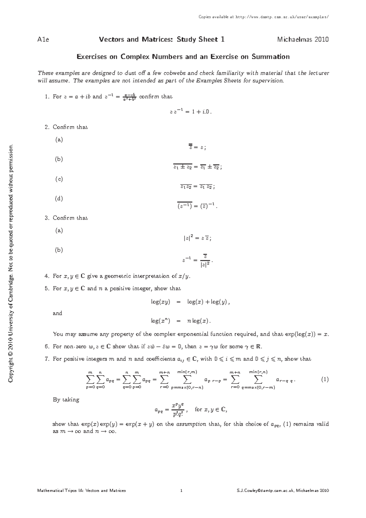Tutorial work - 1 - Copies available at Vectors and Matrices: Study Sheet 1 A1e Michaelmas 2010 ...