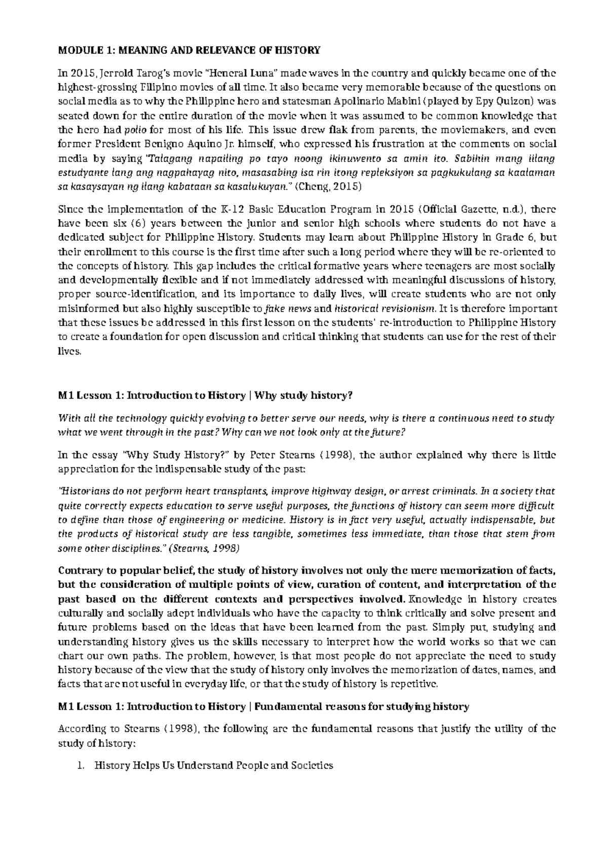 RPH Notes - MODULE 1: MEANING AND RELEVANCE OF HISTORY In 2015, Jerrold ...