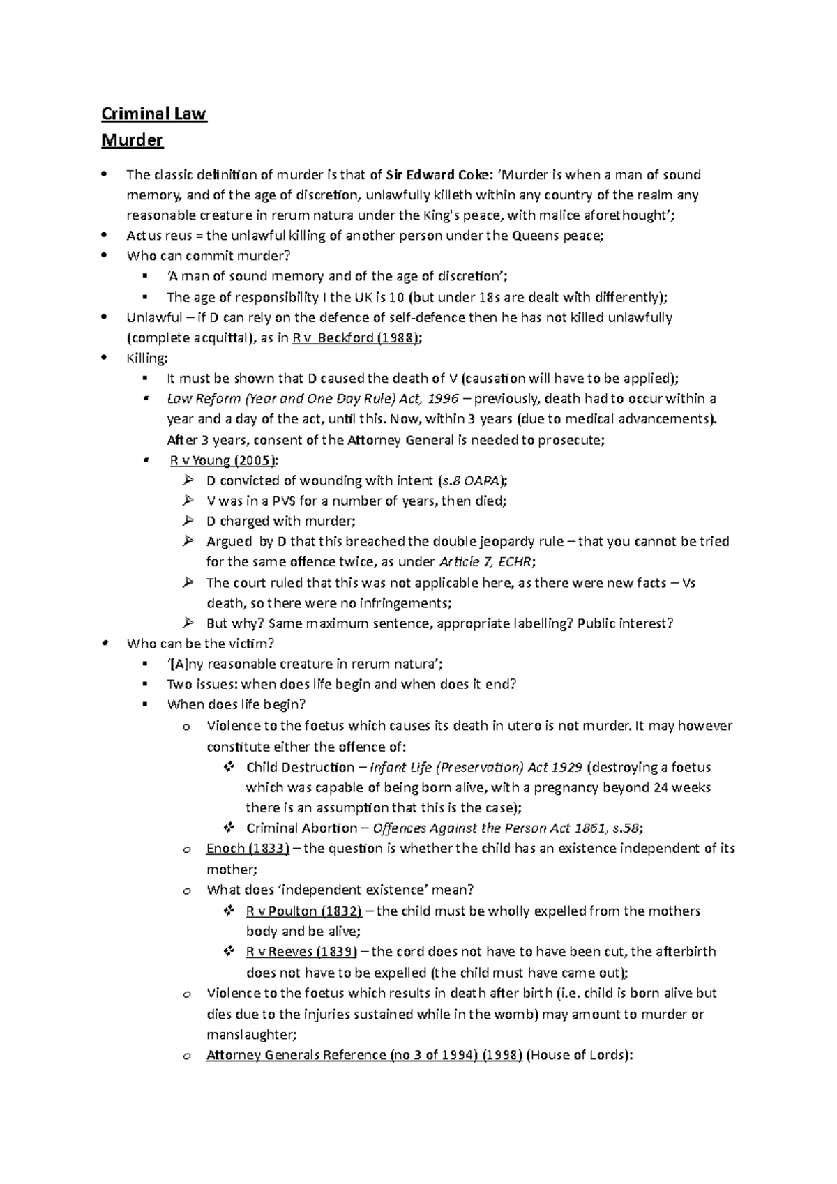 Murder - lecture notes and topic summary - Criminal Law Murder The ...