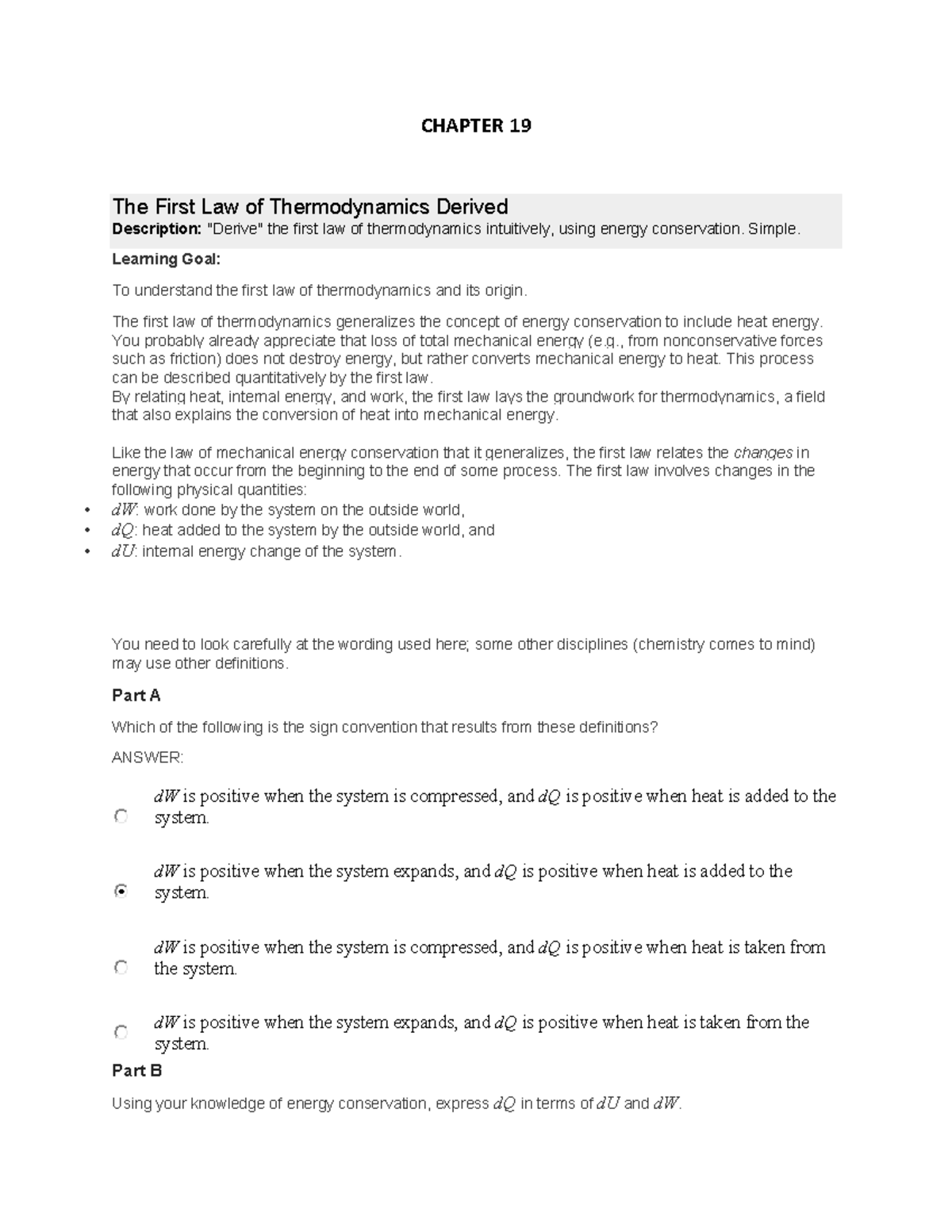 University Physics 2 - Tutorial 19 Solns - CHAPTER 19 The First Law of Thermodynamics Derived ...