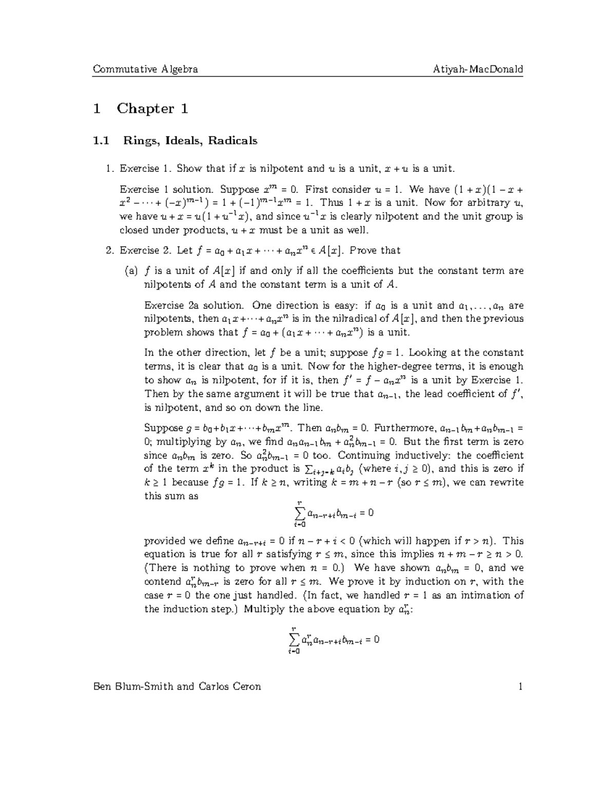 Solution 2 commutative algebra - 1 Chapter 1 1 Rings, Ideals, Radicals Exercise 1. Show that ...