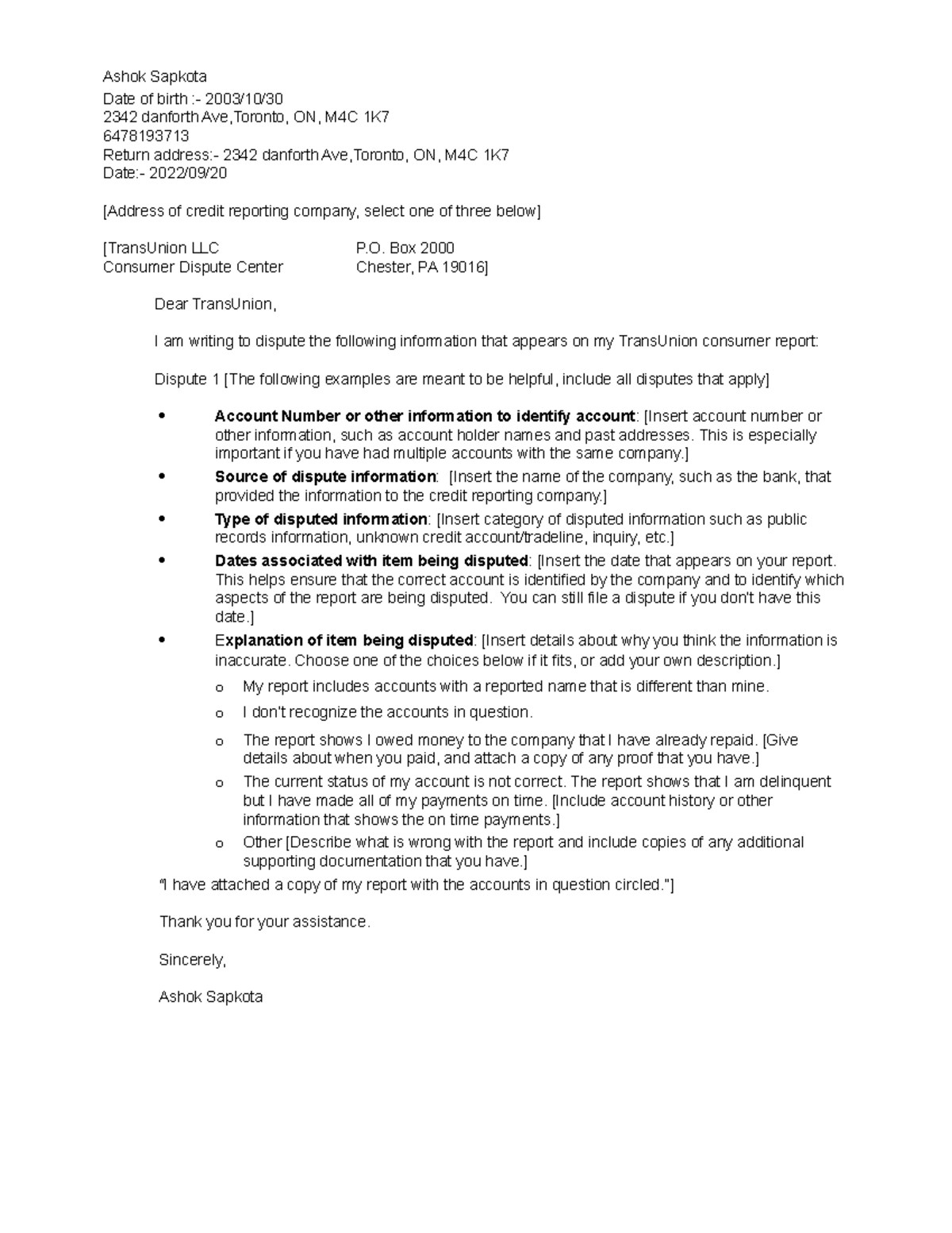 092016 cfpb Credit Reporting Dispute Letter - Ashok Sapkota Date of ...