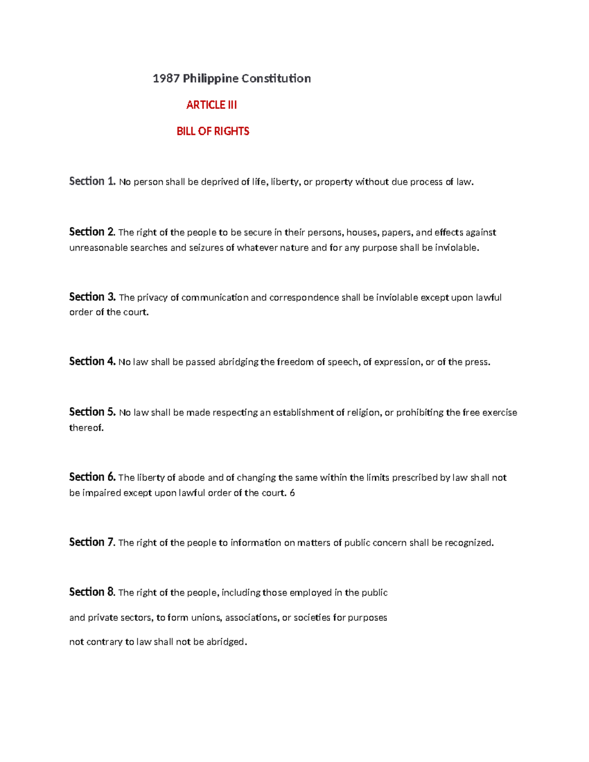 1987 Philippine-WPS Office - 1987 Philippine Constitution ARTICLE III BILL OF RIGHTS Section 1 ...