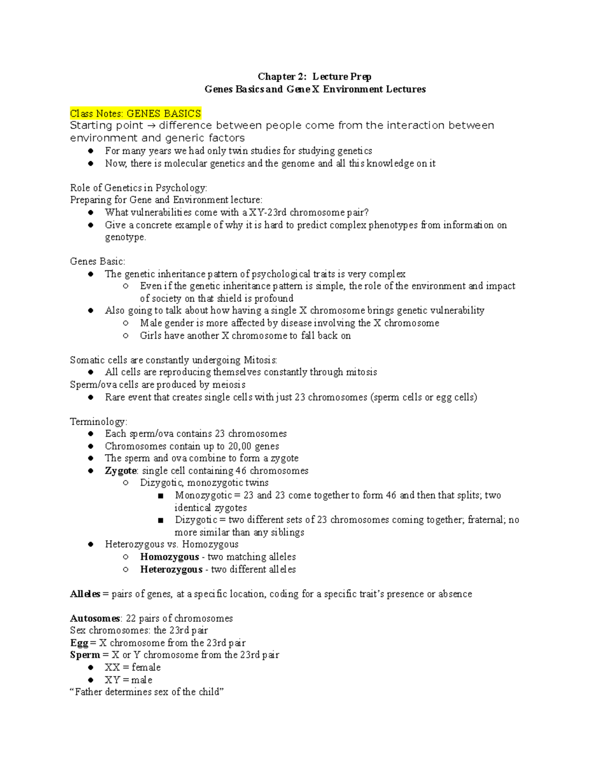 Chapter 2 Genes Basics, Genes, and Environment - Chapter 2: Lecture Prep Genes Basics and Gene X ...