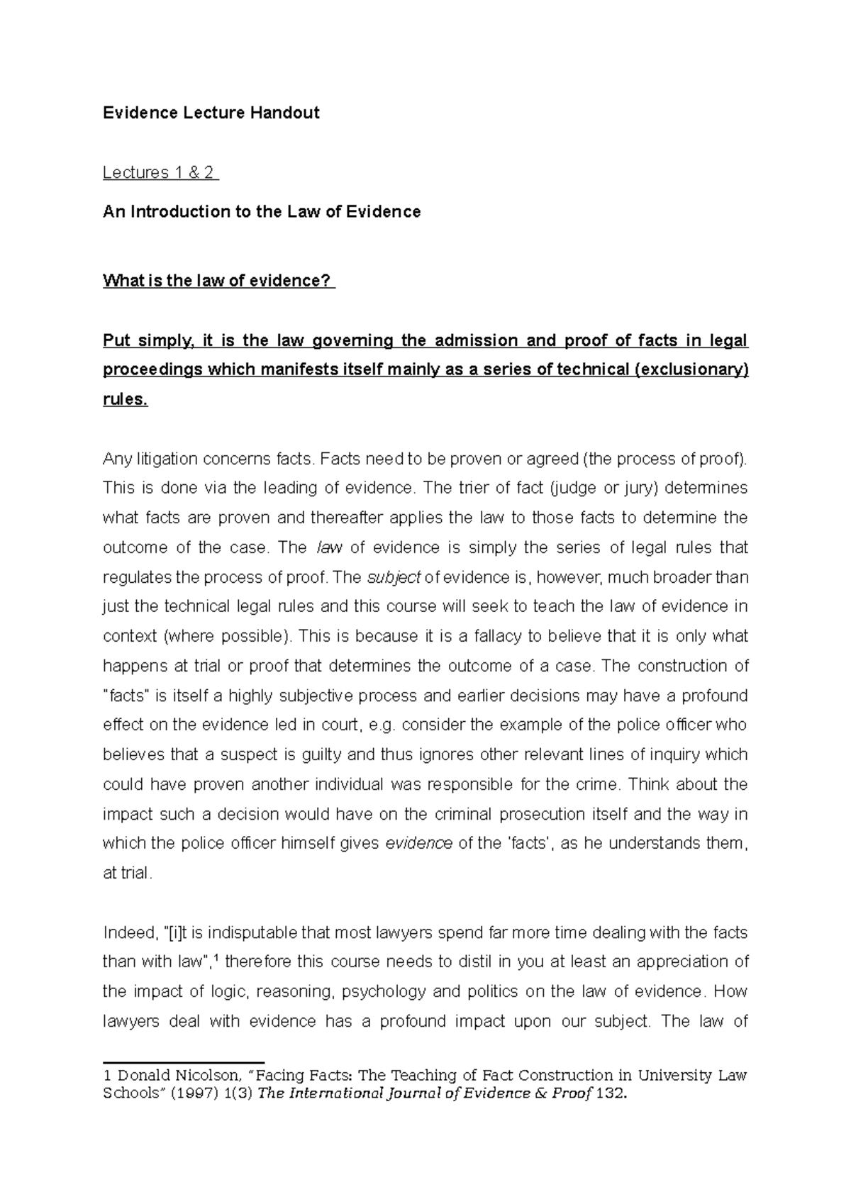 Full Evidence Lecture Handout - Evidence Lecture Handout Lectures 1 & 2 An Introduction to the ...