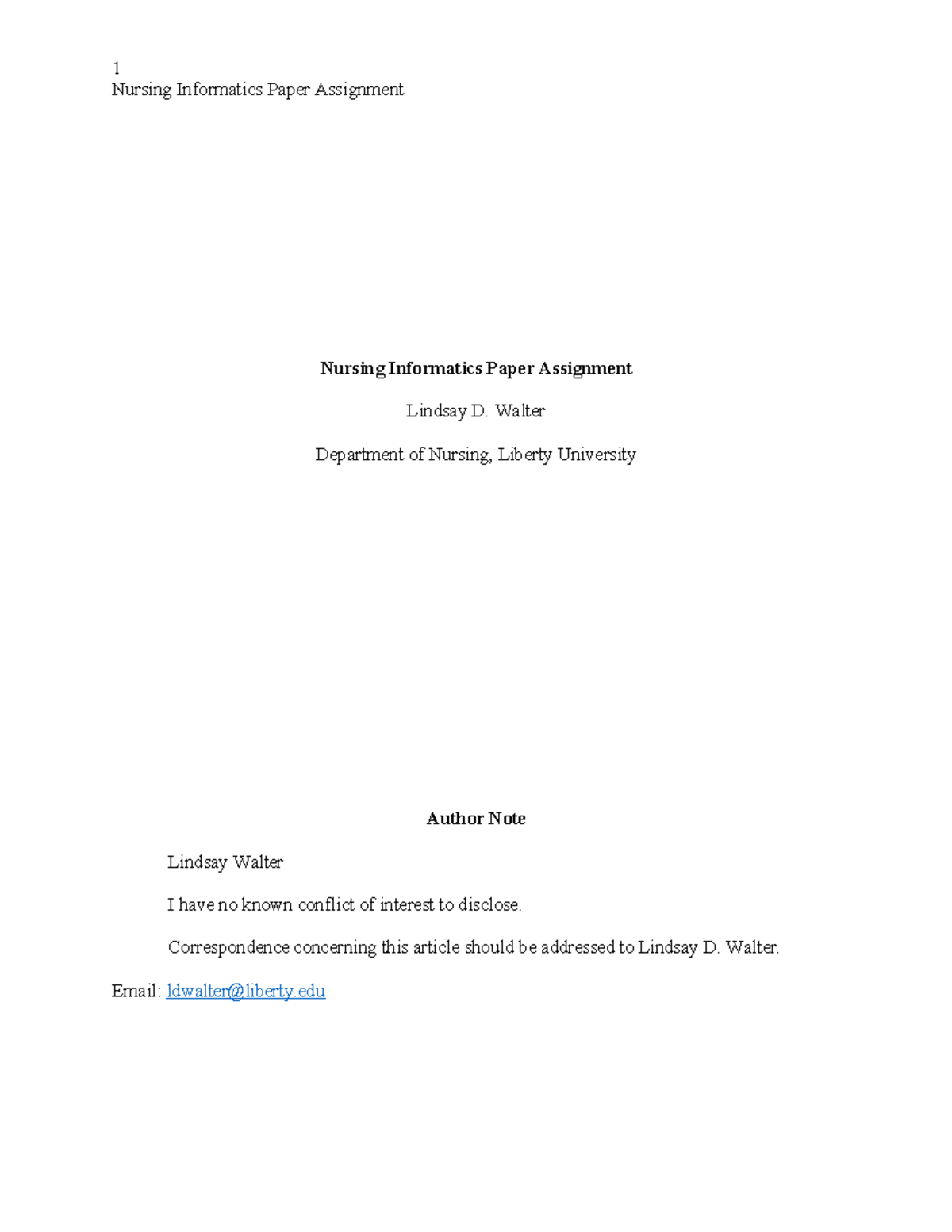 Walter Nursing Informatics Paper - Nursing Informatics Paper Assignment Nursing Informatics ...