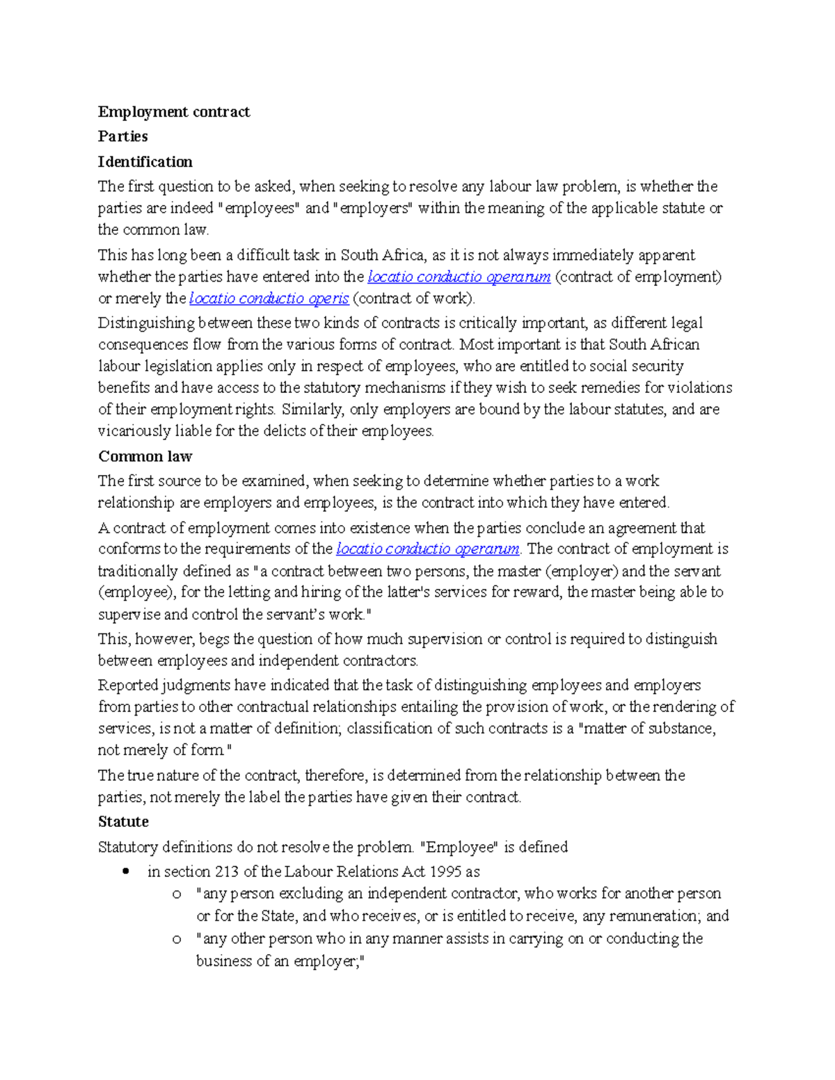 Employment contract notes1 - Employment contract Parties Identification ...