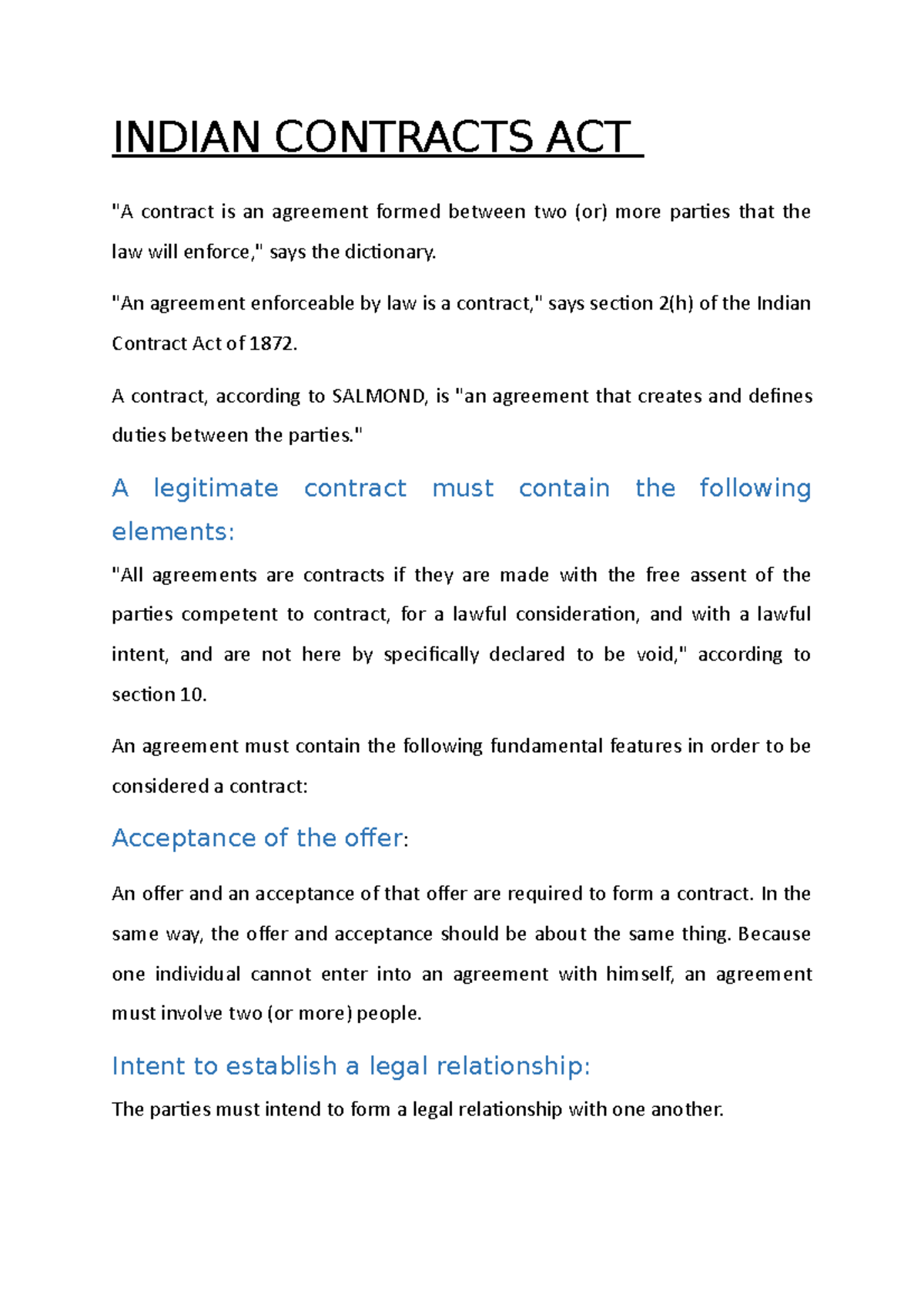 Indian Contracts ACT - Lecture notes 2 - INDIAN CONTRACTS ACT "A ...