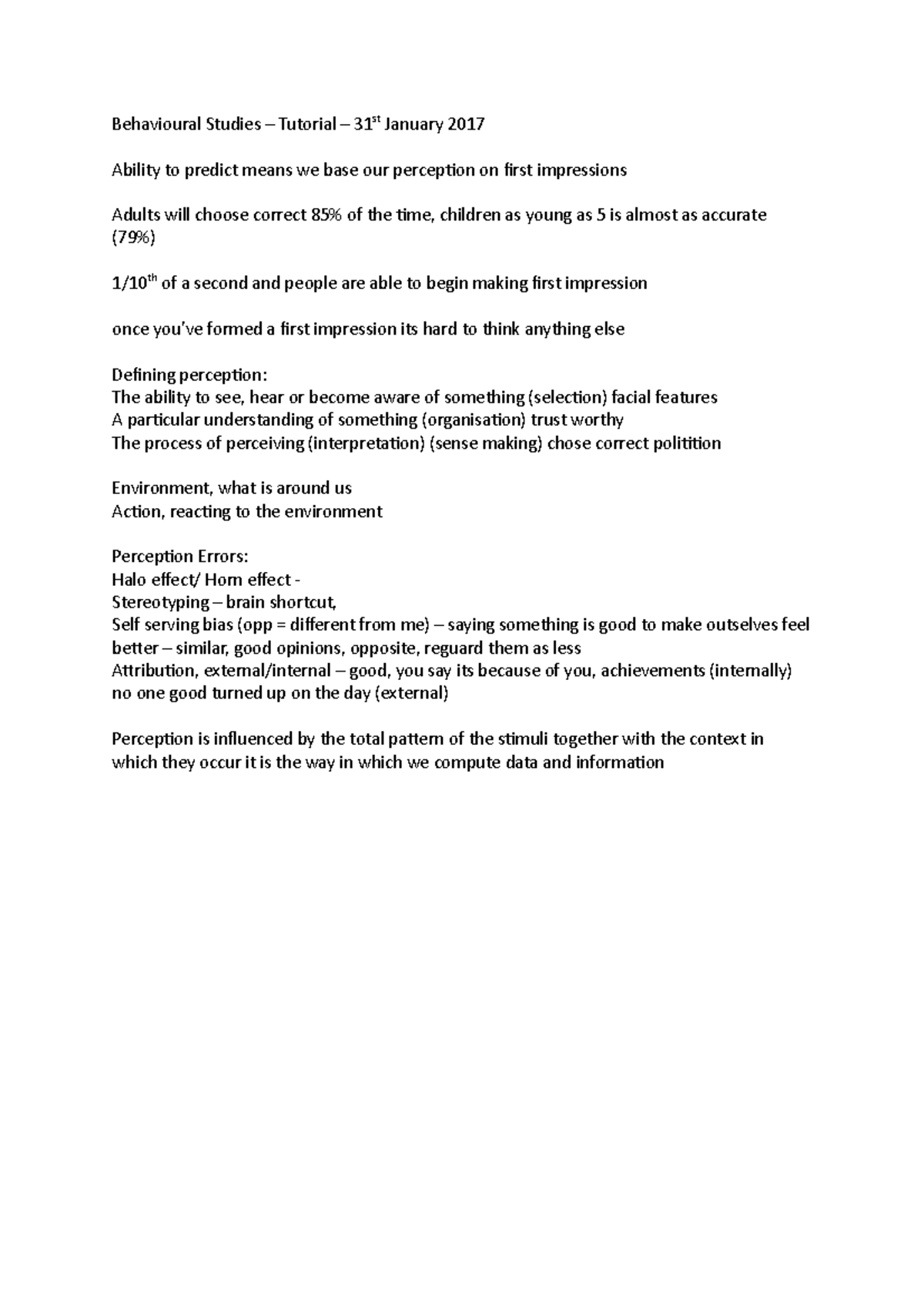 Behavioural Studies – Tutorial – 31st January 2017 - Behavioural ...