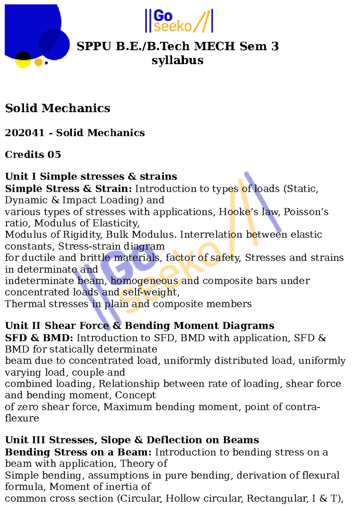 MECH Sem 3 syllabus - SPPU B./B MECH Sem 3 syllabus Solid Mechanics ...