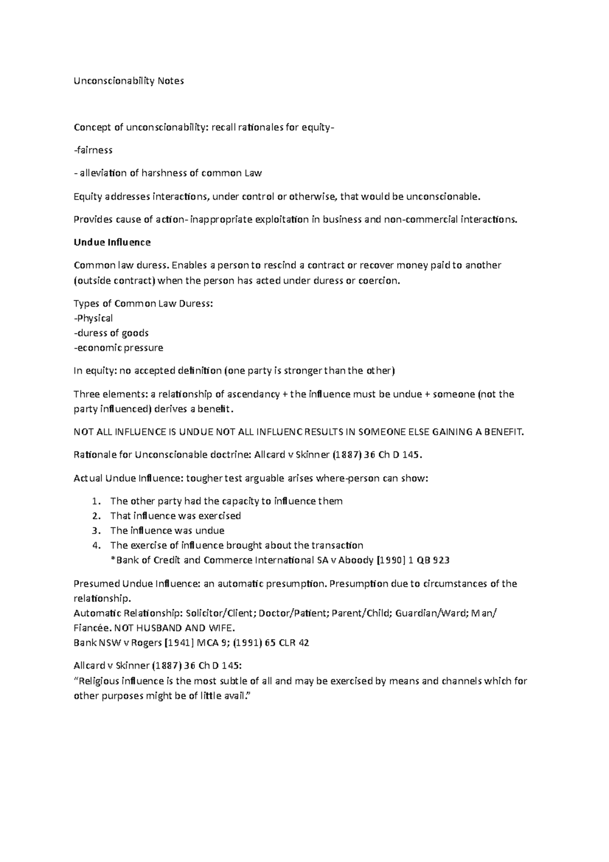 Unconscionability Notes - Unconscionability Notes Concept of ...