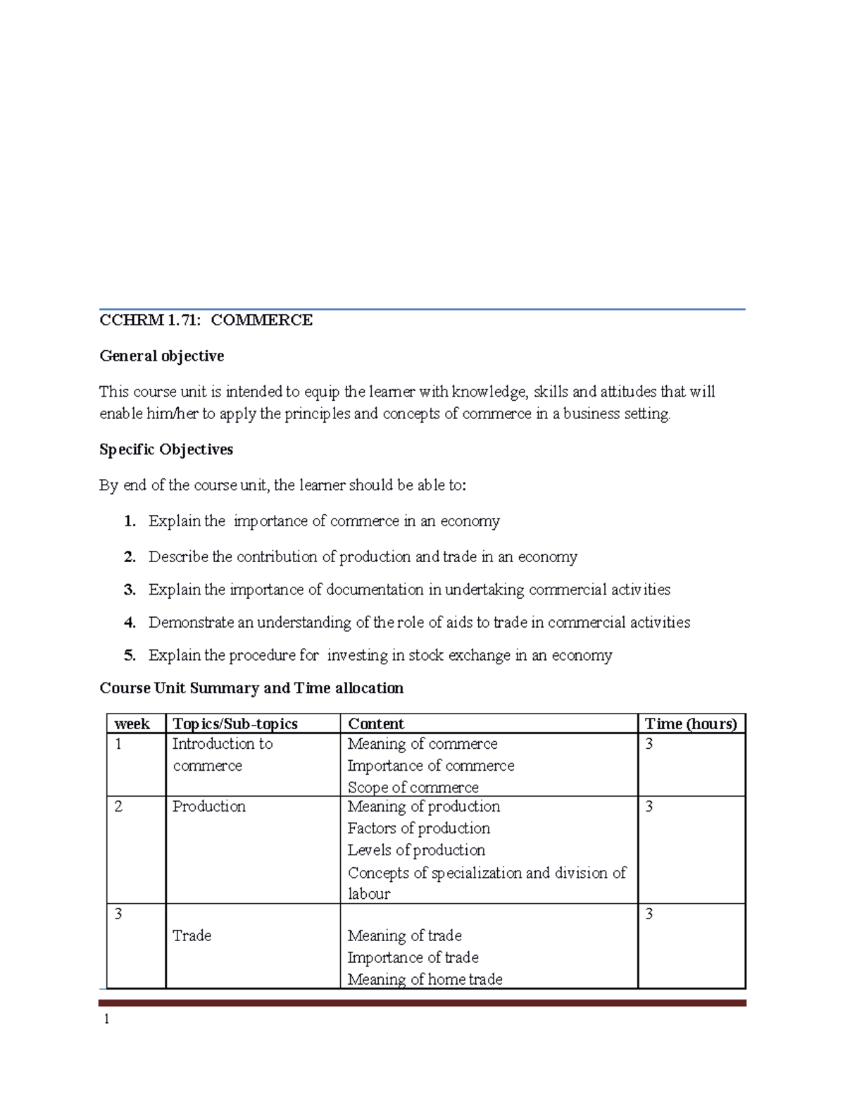 Commerce notes - CCHRM 1: COMMERCE General objective This course unit ...