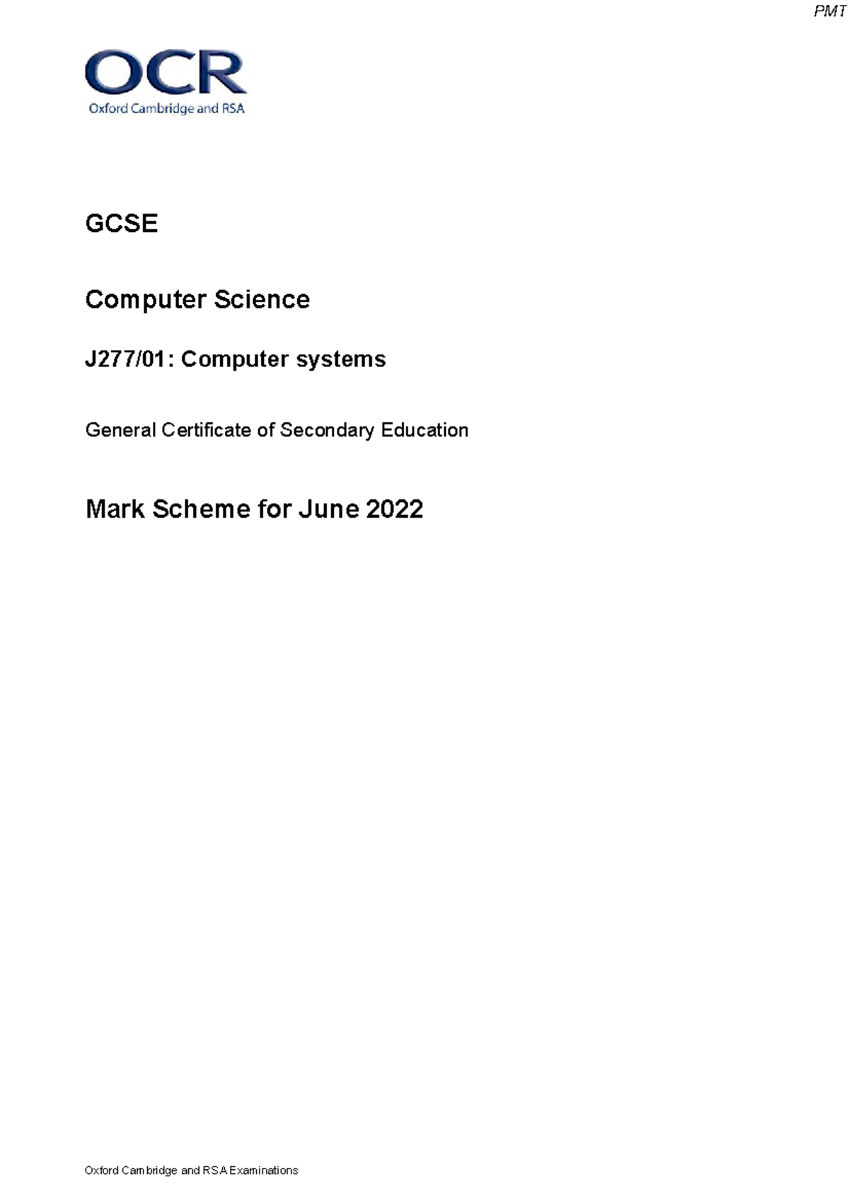June 2022 MS - Paper 1 OCR Computer Science GCSE - Oxford Cambridge and ...