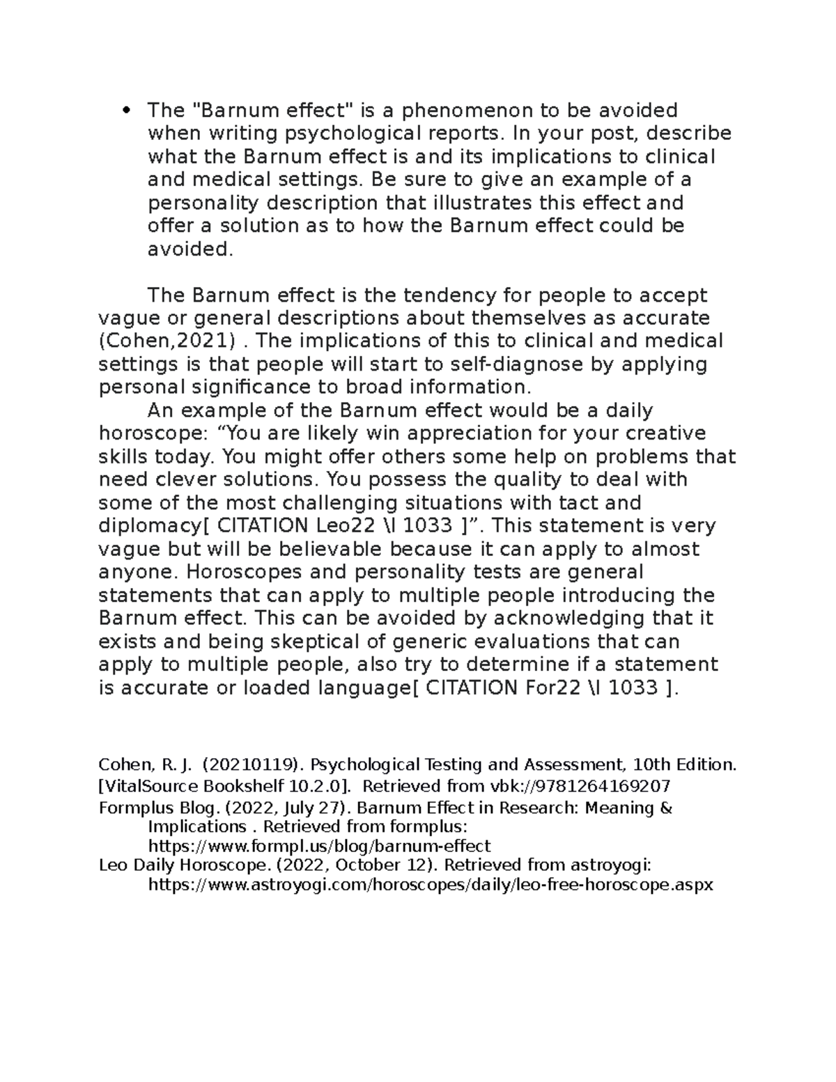 PSY 335 Module 7 Discussion Post - The "Barnum effect" is a phenomenon ...
