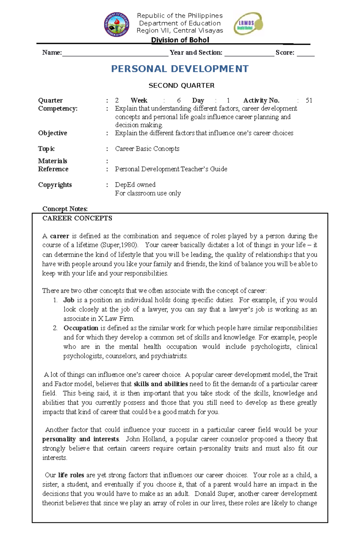 SHS Perdev Q2 Wk6 Act51-54 - Department of Education Region VII ...