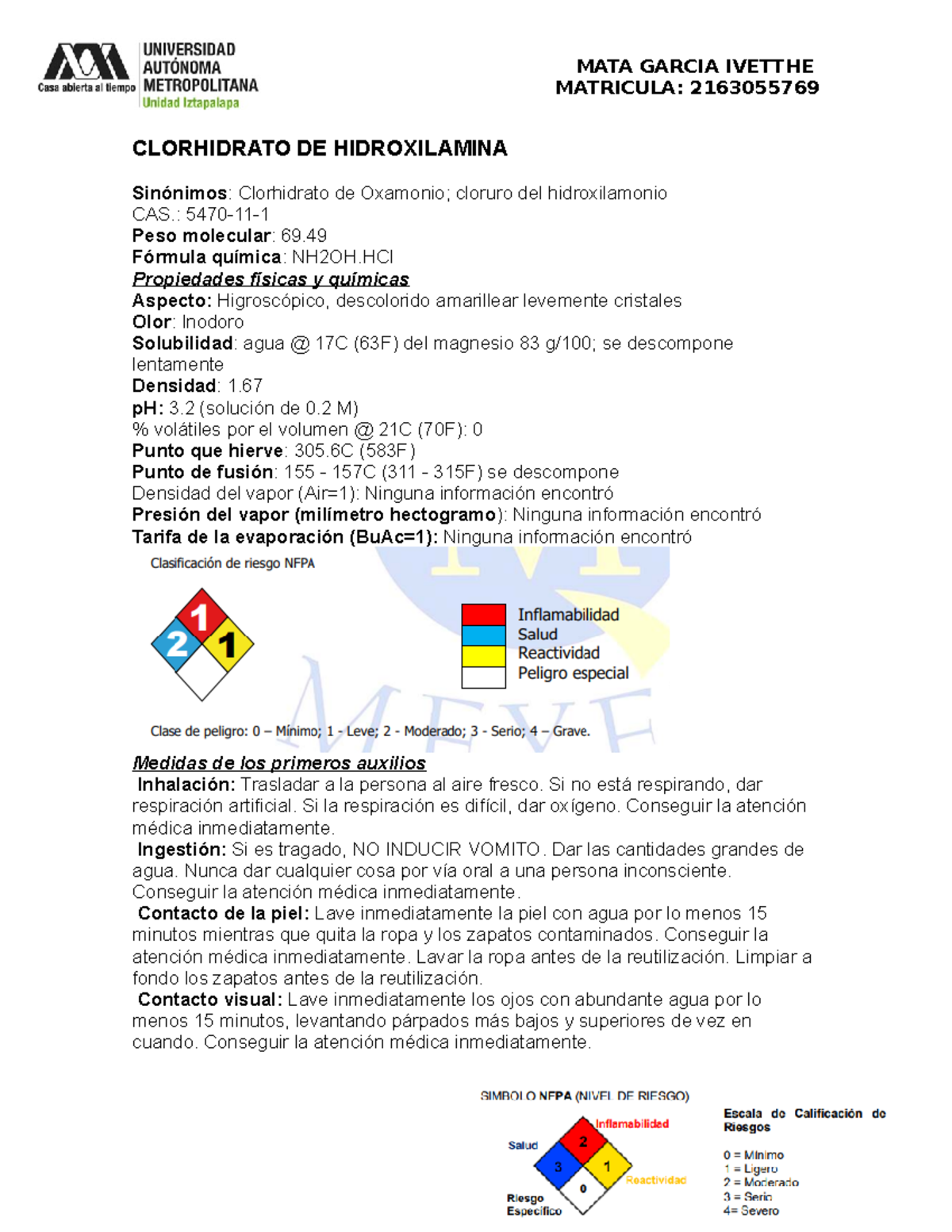 Clorhidrato DE Hidroxilamina HOJA DE SEGURIDAD - Laboratorio de ...