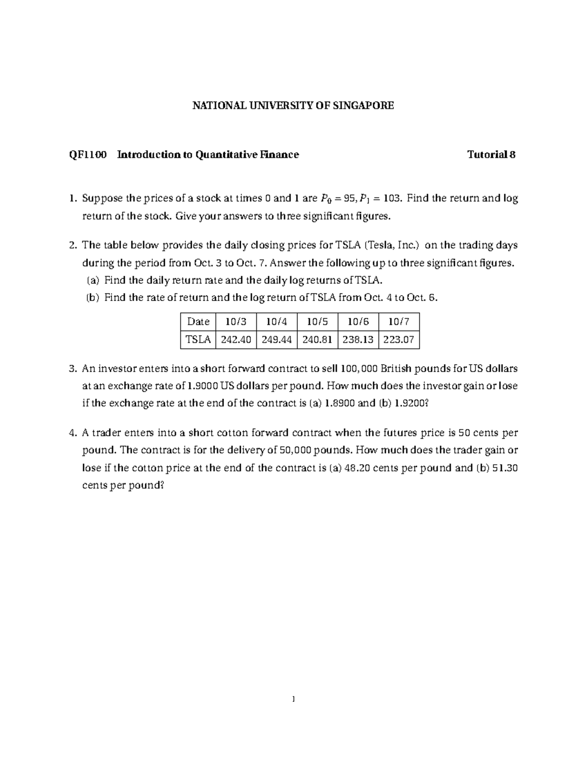 QF1100-Tutorial 8 - tutorial - NATIONAL UNIVERSITY OF SINGAPORE QF1100 ...