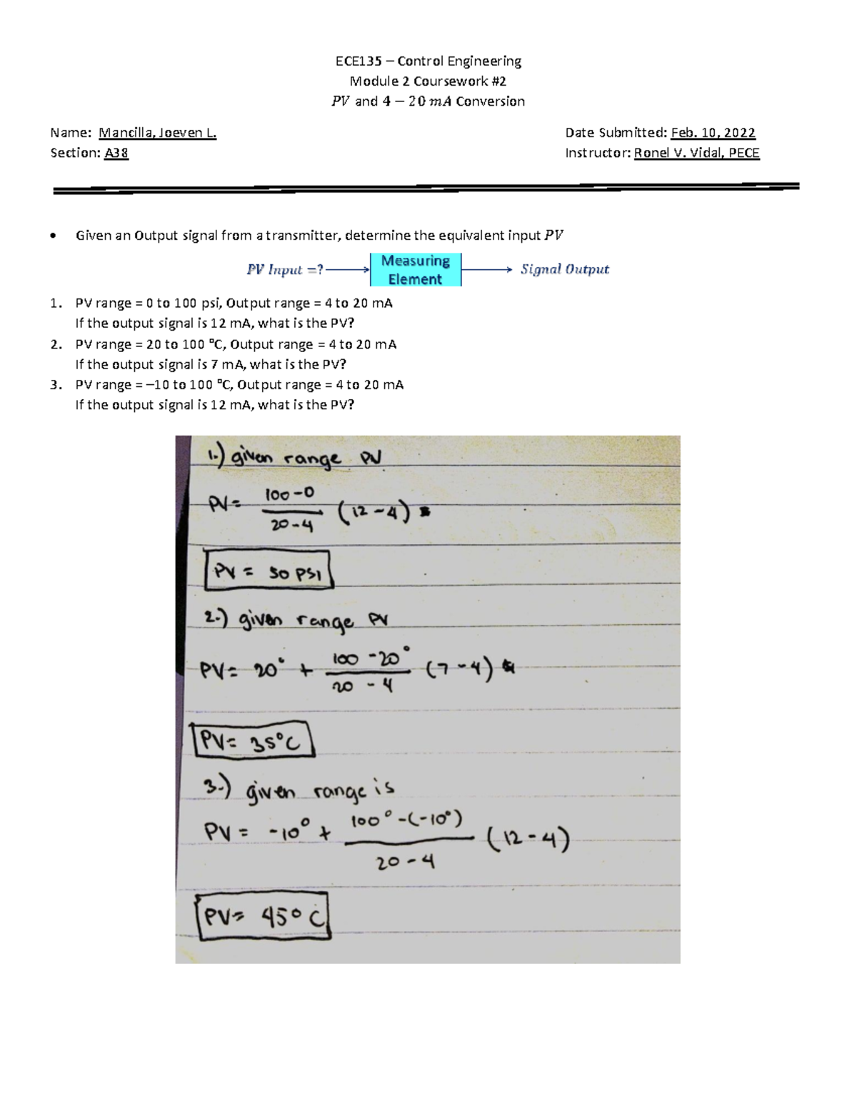 PV and 4-20m A Conversion - ECE135 – Control Engineering Module 2 Coursework # 𝑃𝑉 and 4 − 20 𝑚𝐴 ...