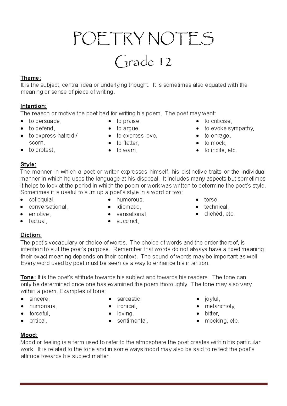 Notes on Grade 12 HL poems 2 - POETRY NOTES Grade 12 Theme: It is the ...