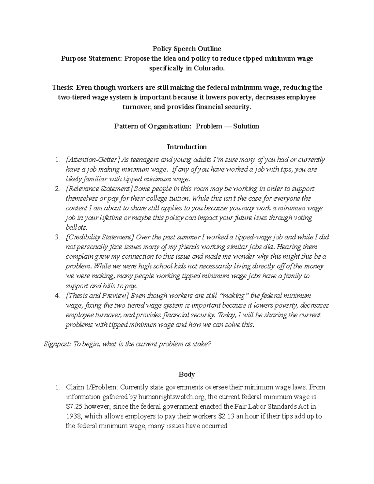 Policy Speech Outline - Policy Speech Outline Purpose Statement ...