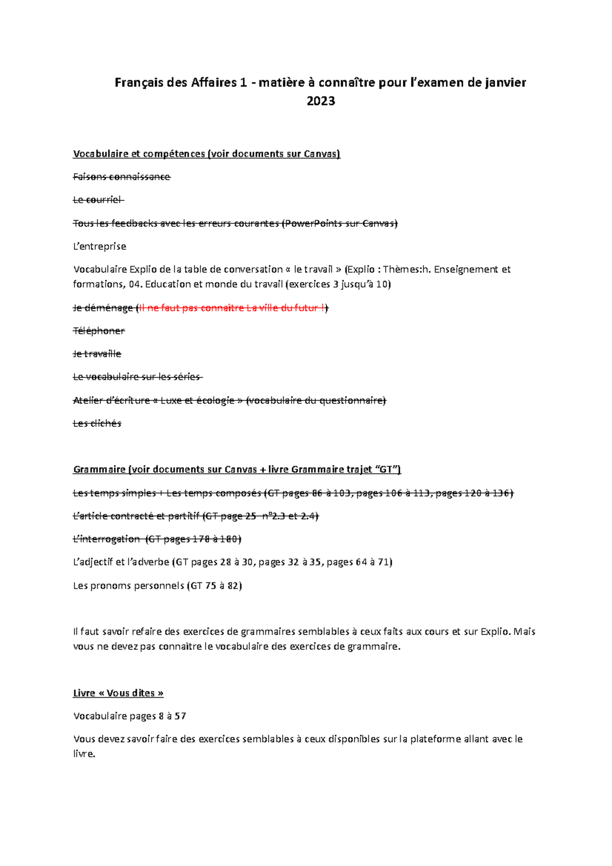 Matière à connaître FDA1 AJ 2022-2023 - Français des Affaires 1 ...