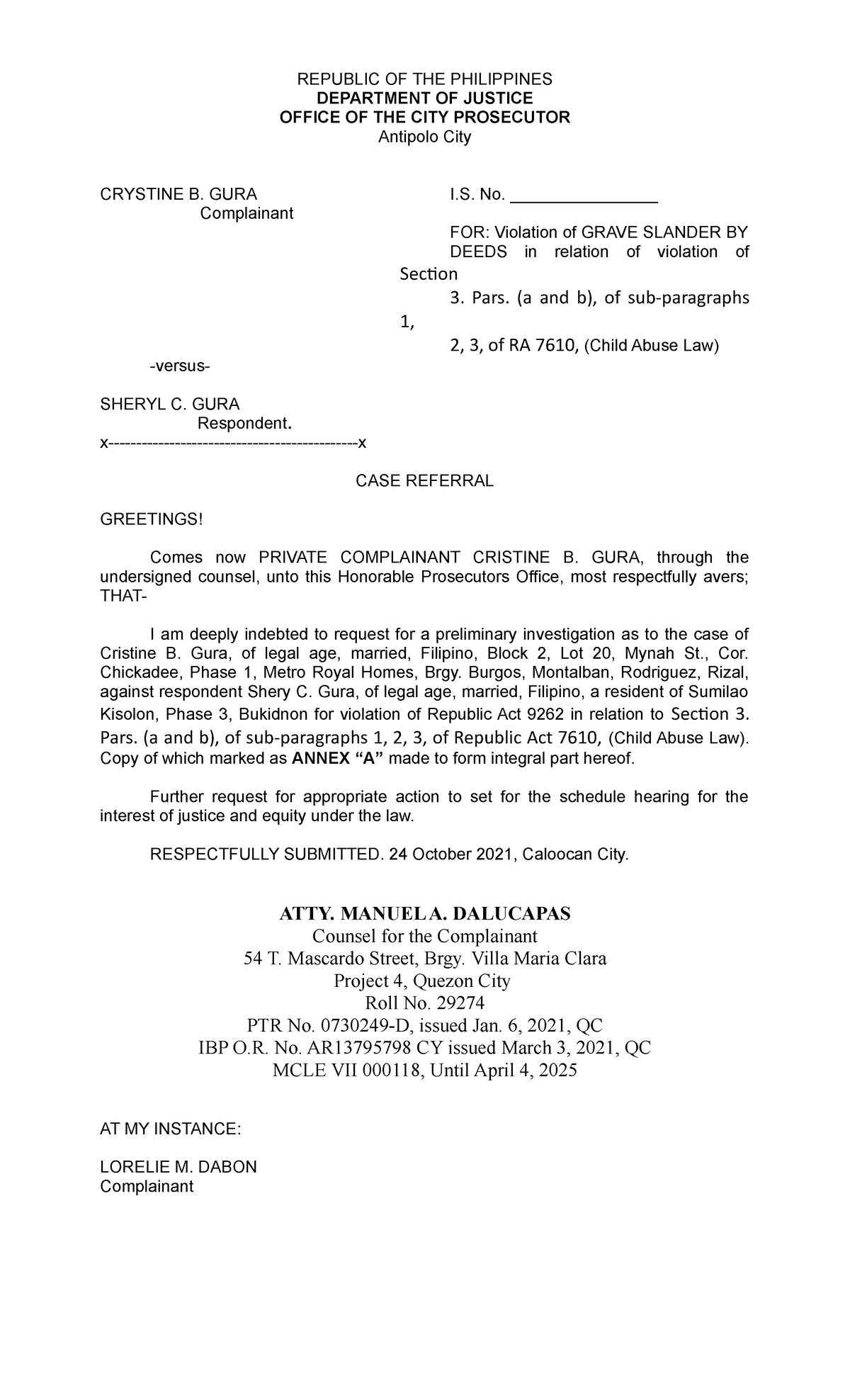 Cristine vs. Sheryl case - REPUBLIC OF THE PHILIPPINES DEPARTMENT OF ...