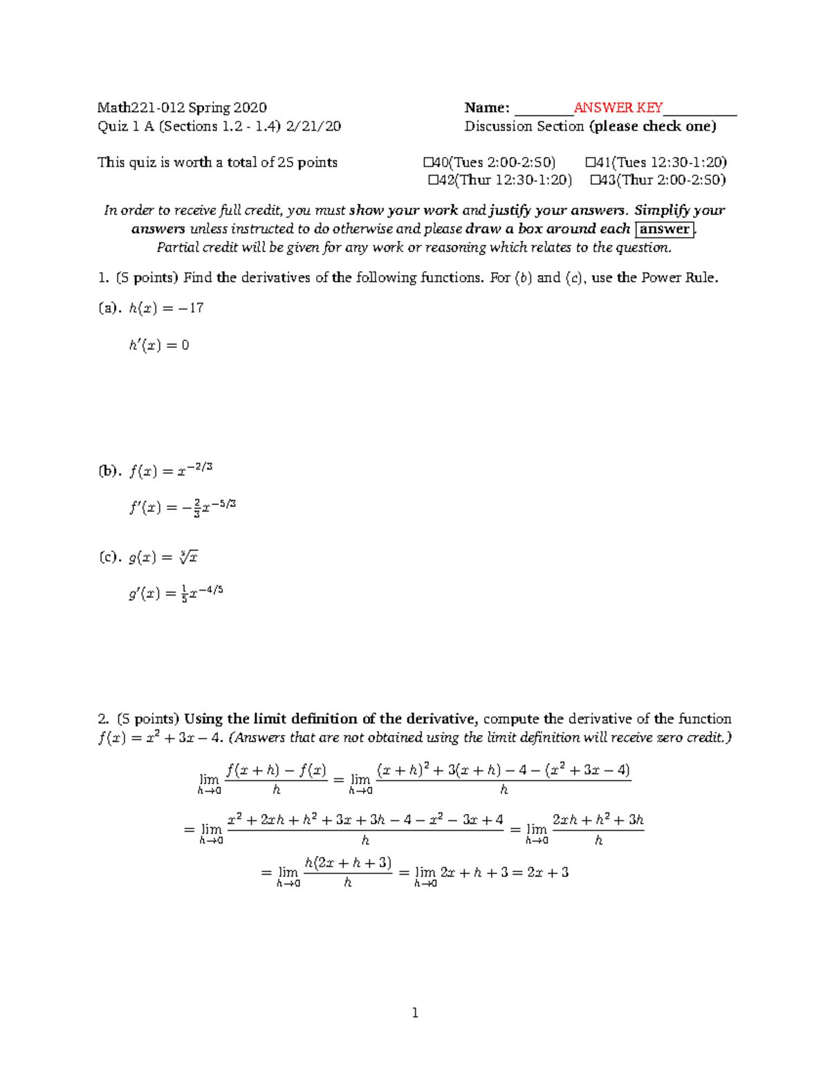 Math221 Quiz 1 KEY A - Mathematics - Math221-012 Spring 2020 Name ...