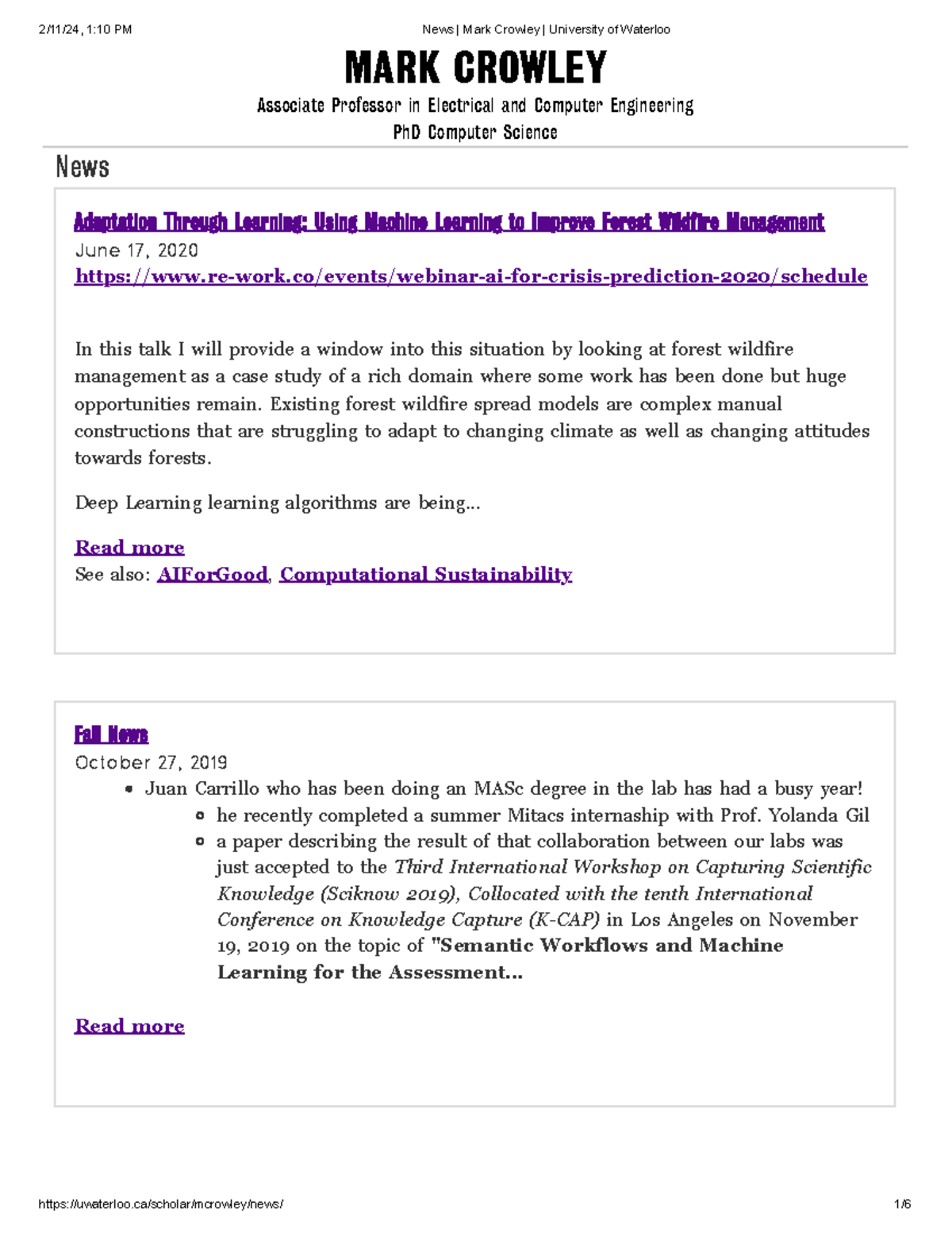 News Mark Crowley University of Waterloo - MARK CROWLEY Associate ...