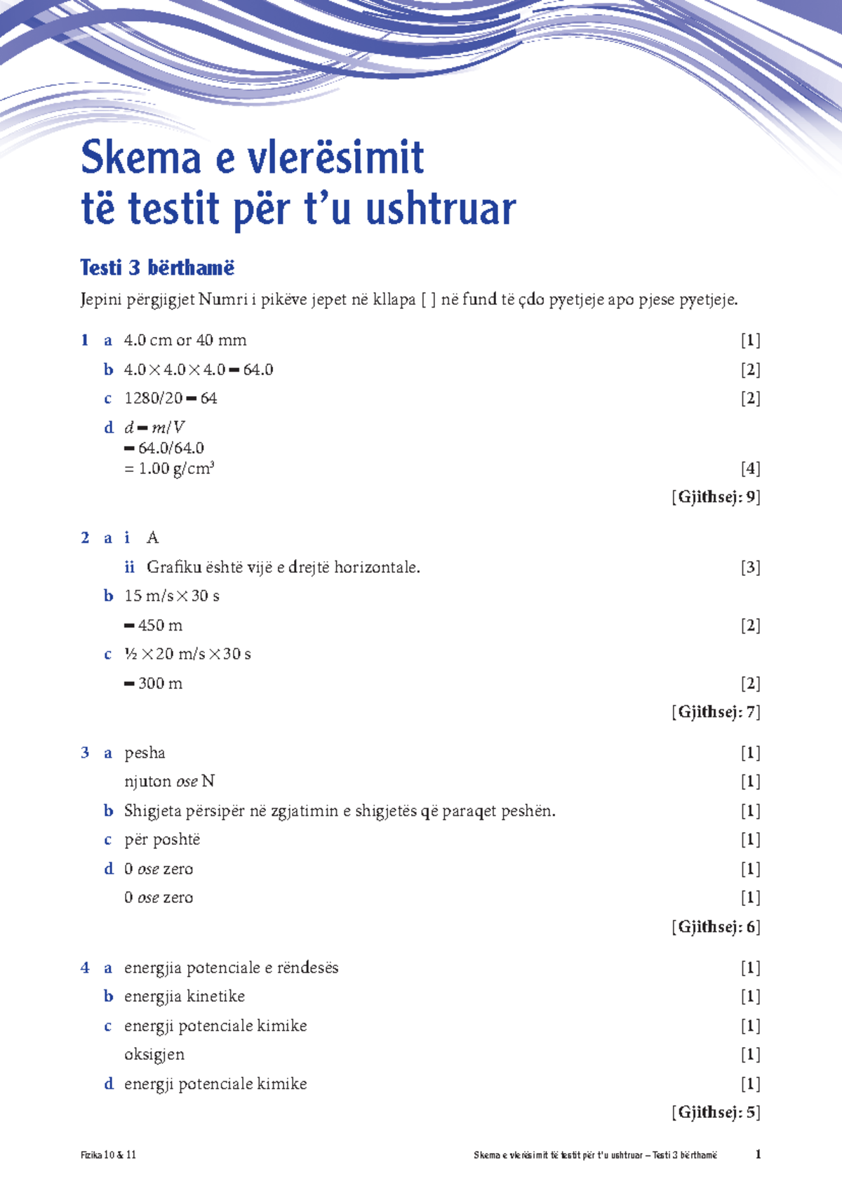 8a. Fizika 10 & 11 Pergjigjet Testi 3 - Skema e vlerësimit të testit ...