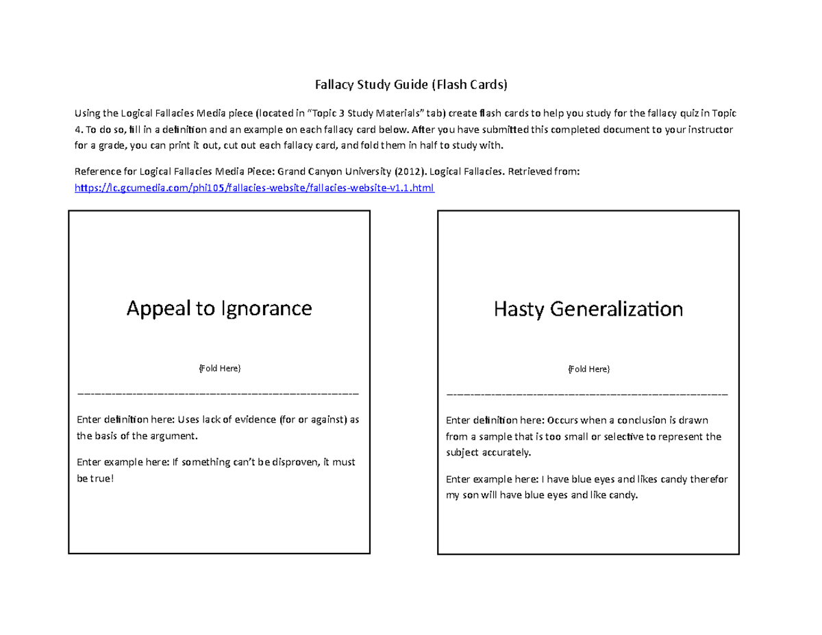 Topic 3 Fallacy Study Guide - Fallacy Study Guide (Flash Cards) Using the Logical Fallacies ...