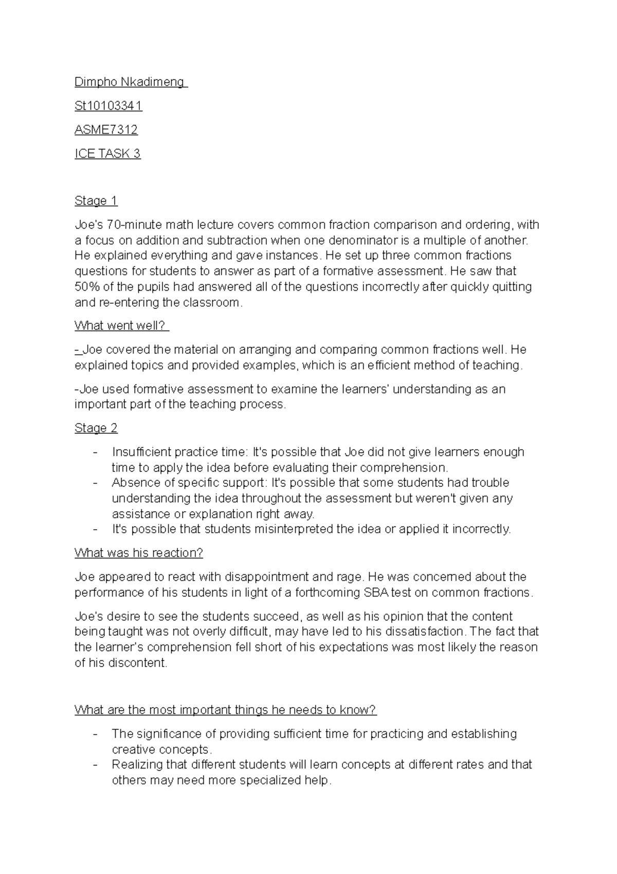 Asme ice3 - Ice task - Dimpho Nkadimeng St ASME ICE TASK 3 Stage 1 Joe ...