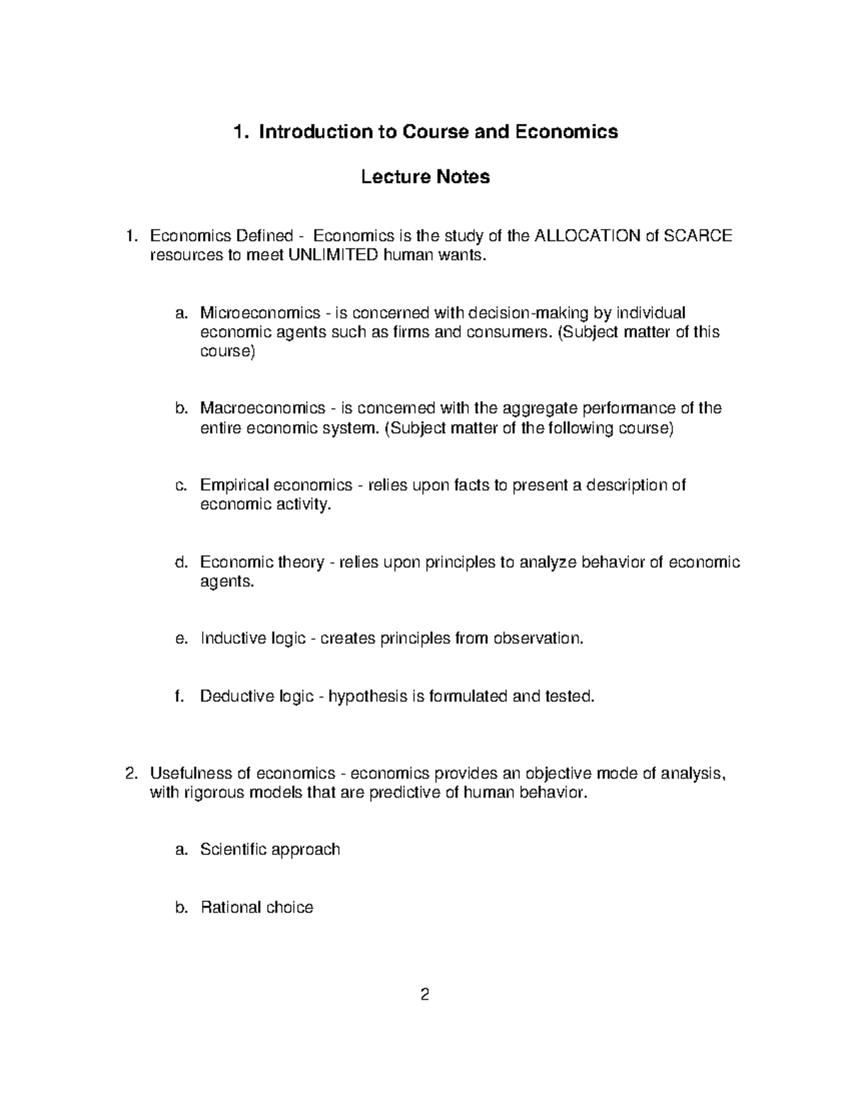 LEC1 - INTRO - 1. Introduction to Course and Economics Lecture Notes ...