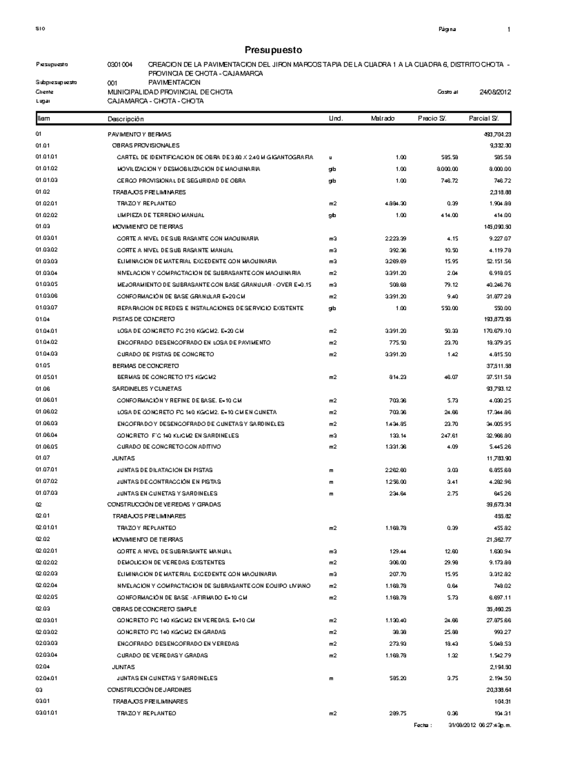 Presupuesto DE OBRA - Presupuesto CREACION DE LA PAVIMENTACION DEL ...