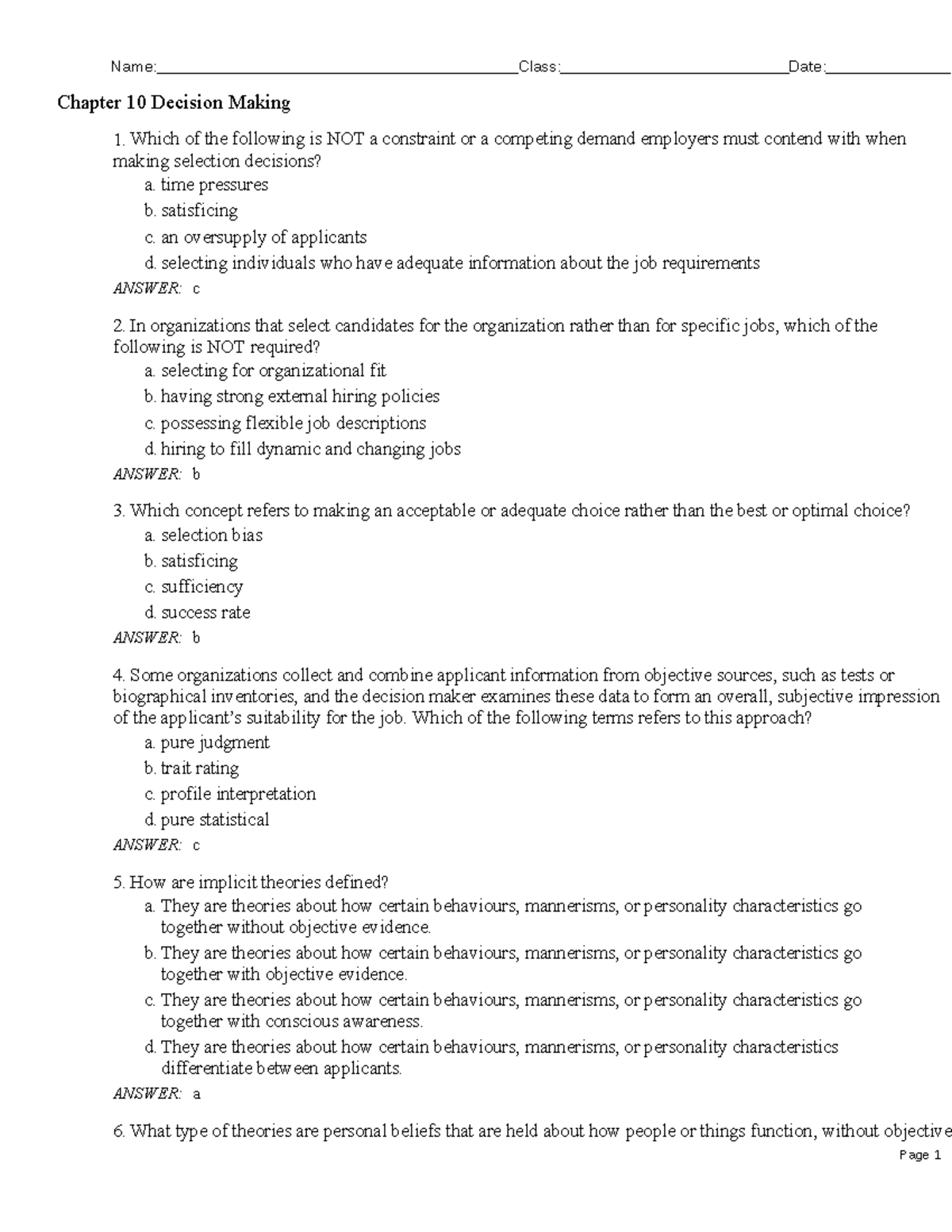 Chapter 10 Decision Making - Name: Class: Date: Chapter 10 Decision Making Page 1 Which of the ...