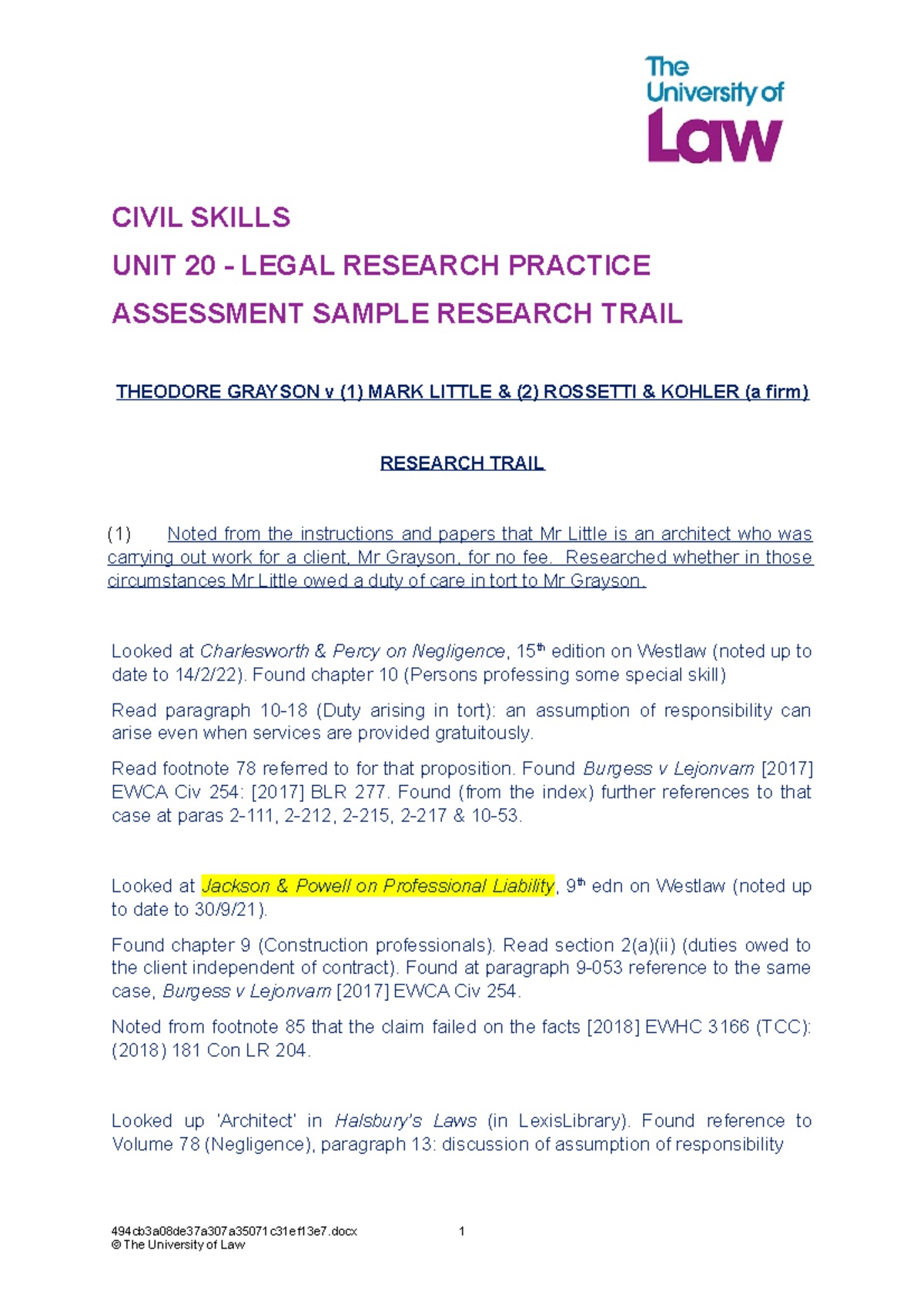 Legal research sample research trail - CIVIL SKILLS UNIT 20 - LEGAL ...