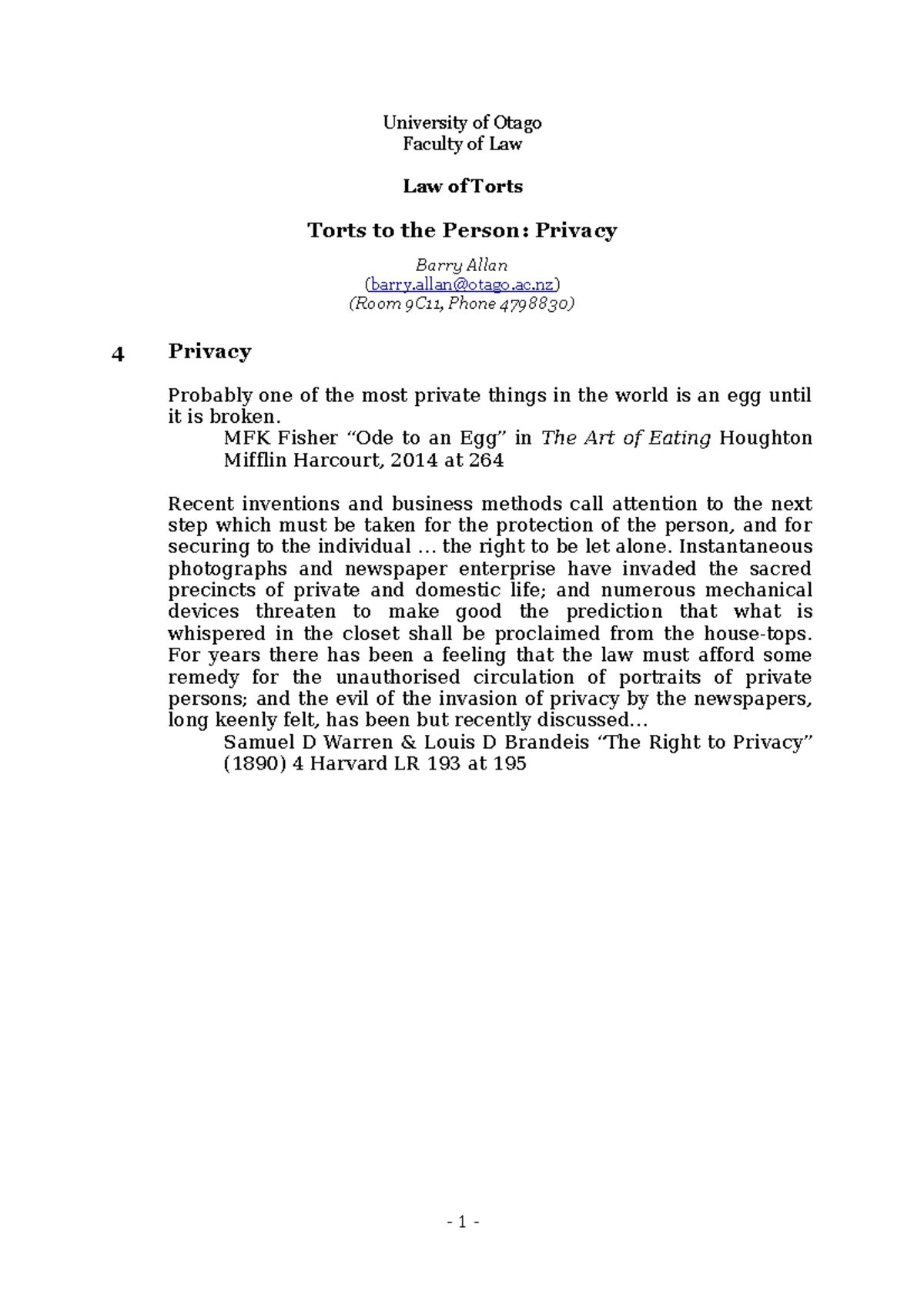 Outline - Privacy - University of Otago Faculty of Law Law of Torts ...