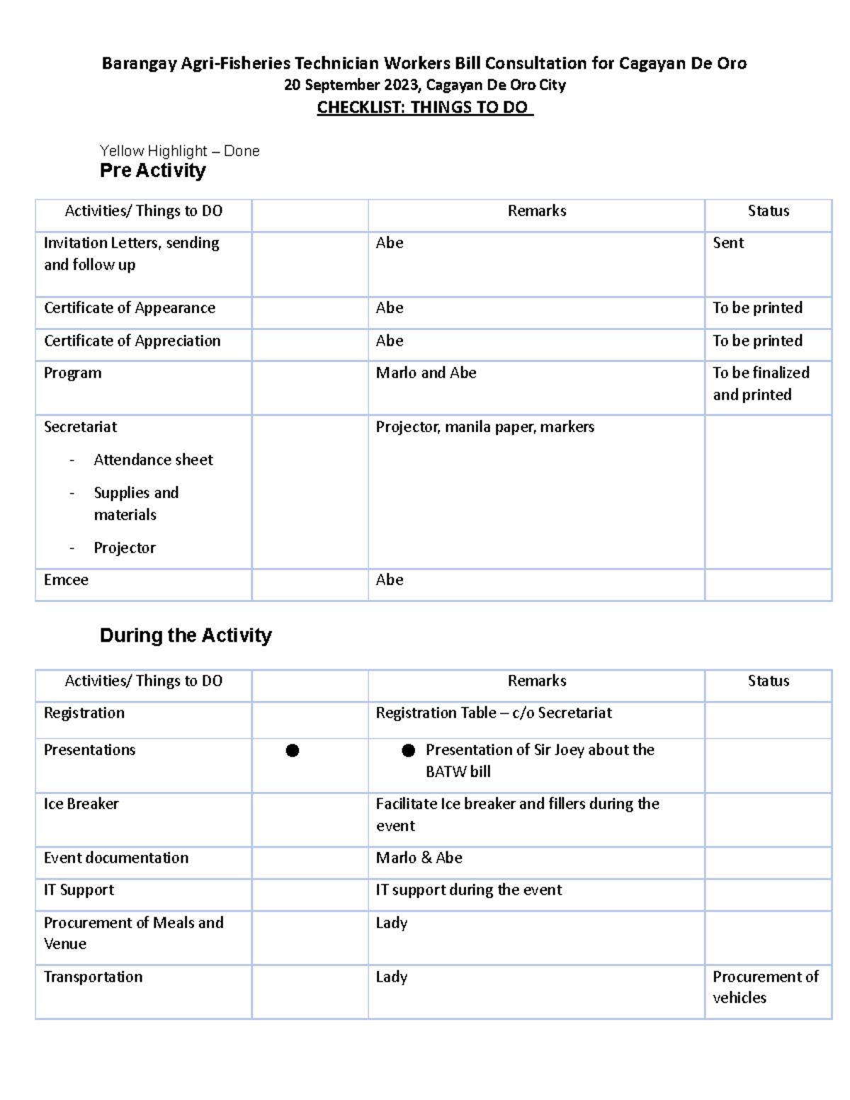 Game Plan BATW bill CDO - sample game plan for technical staff ...