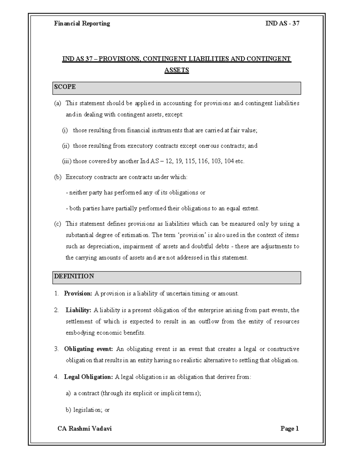 IND AS 37 - Notes on IND AS 37 by CA Rashmi Vadavi mam - IND AS 37 ...