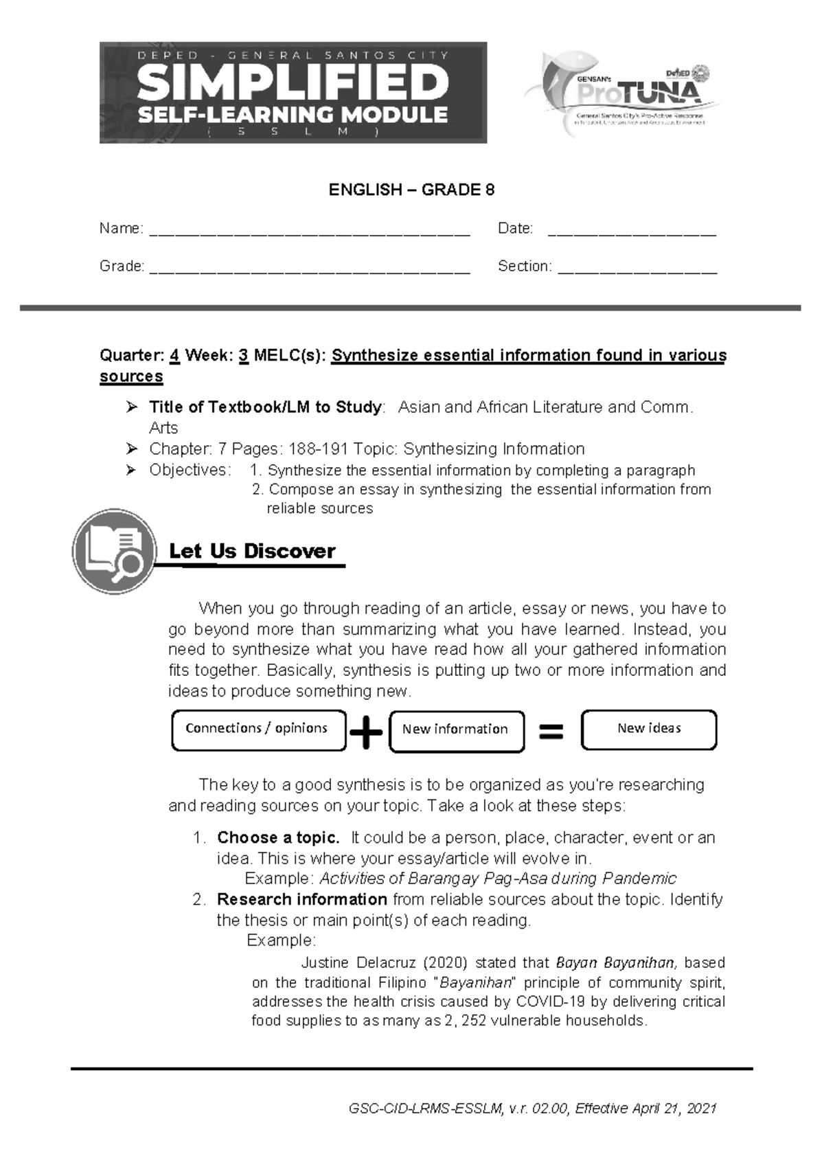 3-English-8-Q4-SSLM Week-4- Annie - ENGLISH – GRADE 8 Name