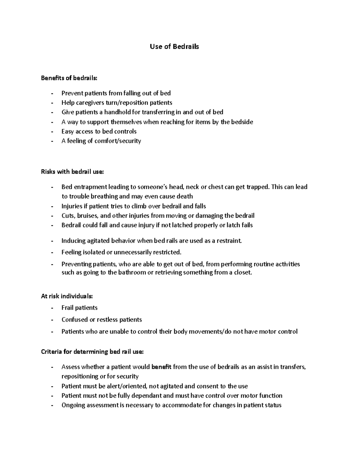 Use of Bedrails - Summary Community Health Nursing - Use of Bedrails ...