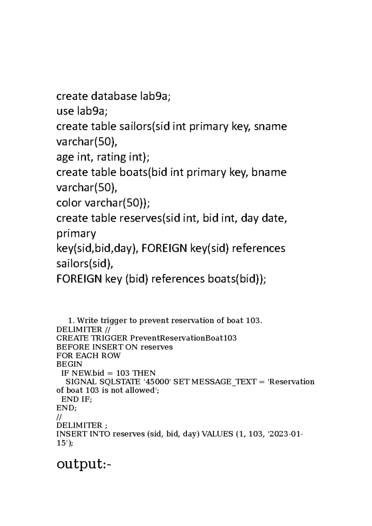 Studocx - create database lab9a; use lab9a; create table sailors(sid ...