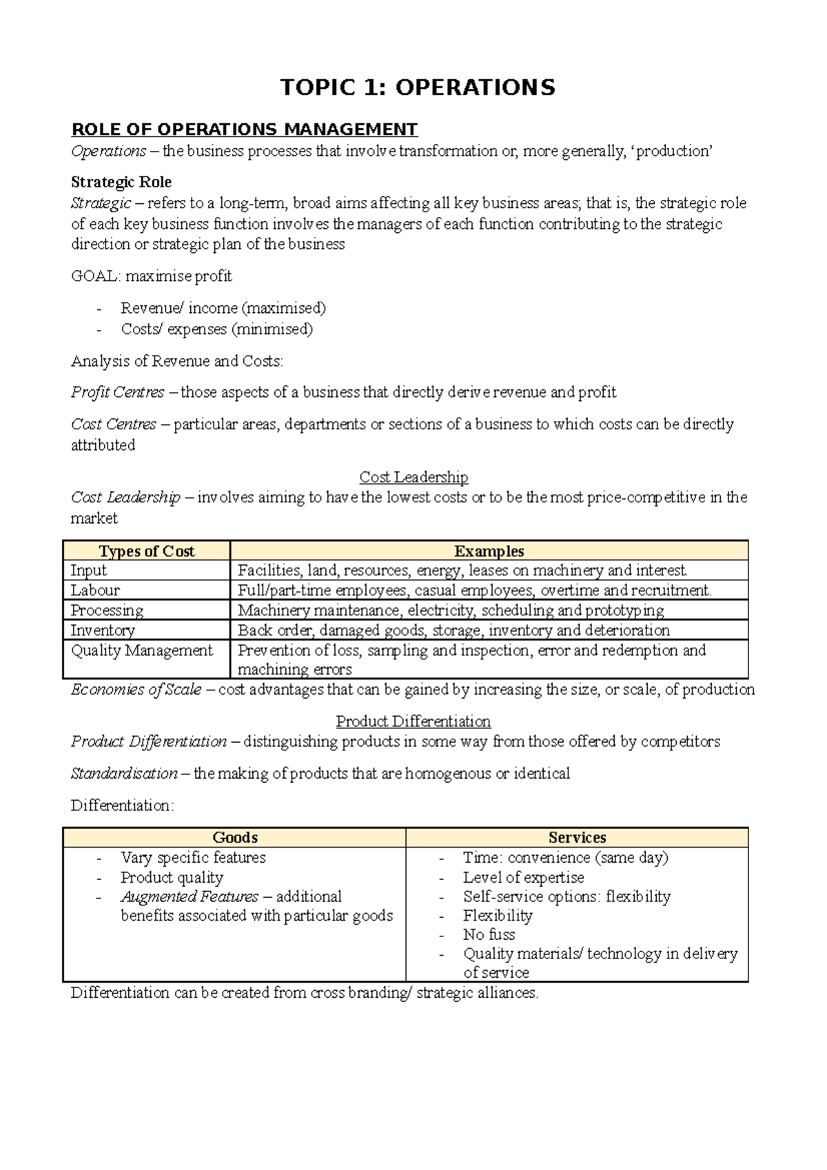 Year 12 Operations Summary - TOPIC 1: OPERATIONS ROLE OF OPERATIONS ...