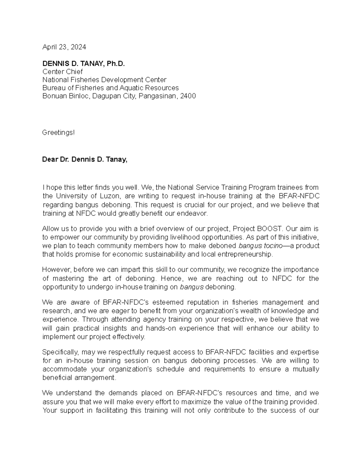 Request letter for BFAR UL 042224 - April 23, 2024 DENNIS D. TANAY, Ph. Center Chief National ...