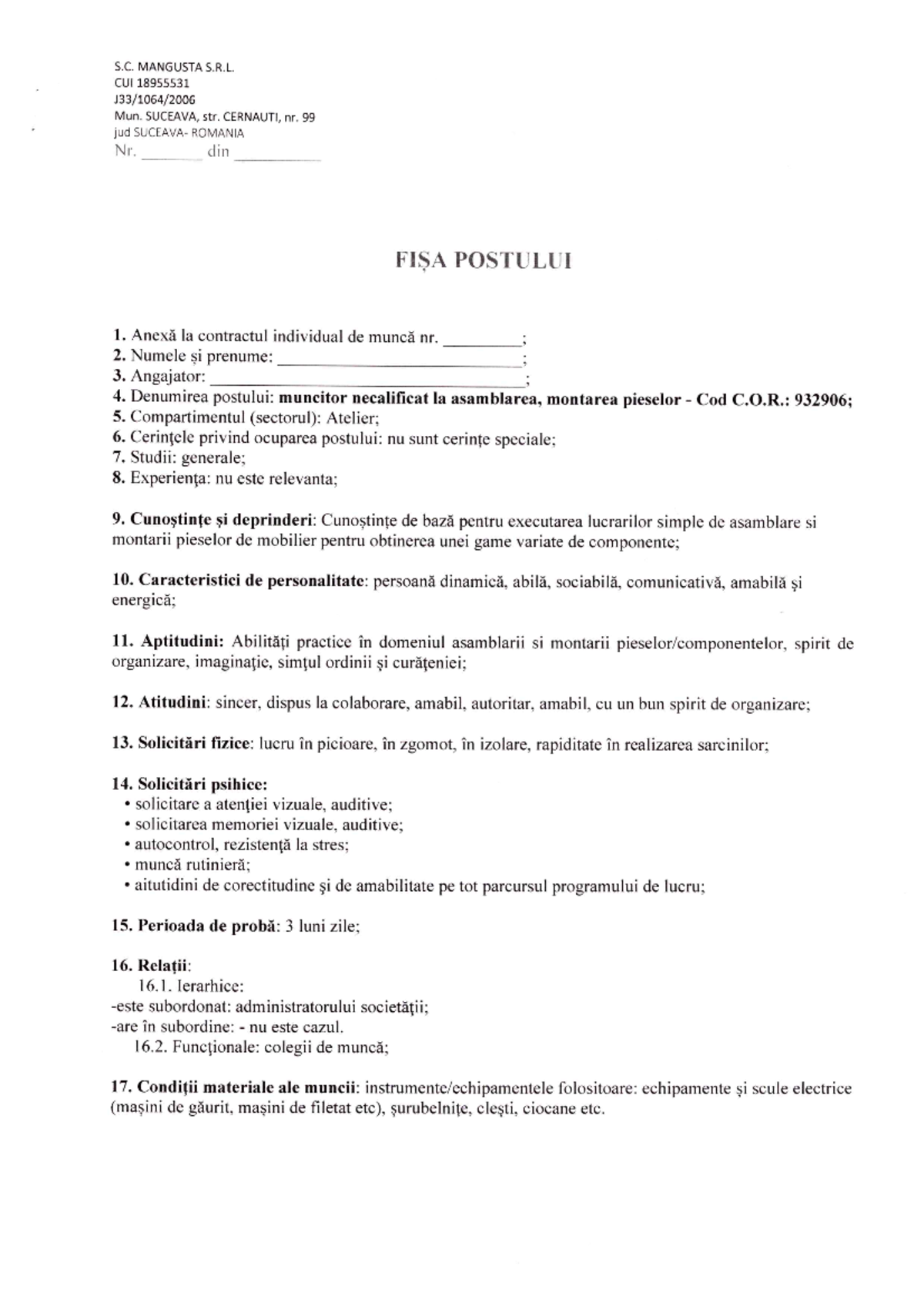 FISA Postului - merge pentru orice - Marketing - Studocu