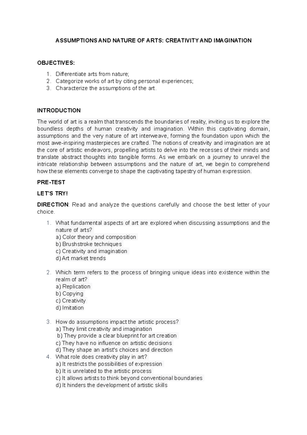 Chapter 1 Art Appreciation - ASSUMPTIONS AND NATURE OF ARTS: CREATIVITY AND IMAGINATION ...