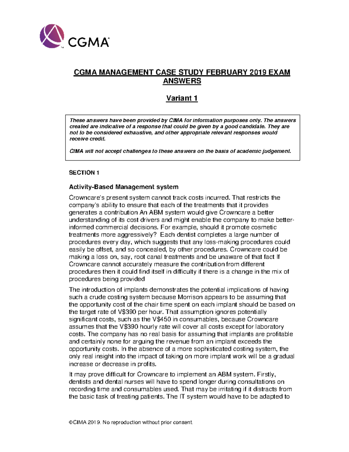 Exam, answers - CIMA 2019. No reproduction without prior consent. CGMA ...