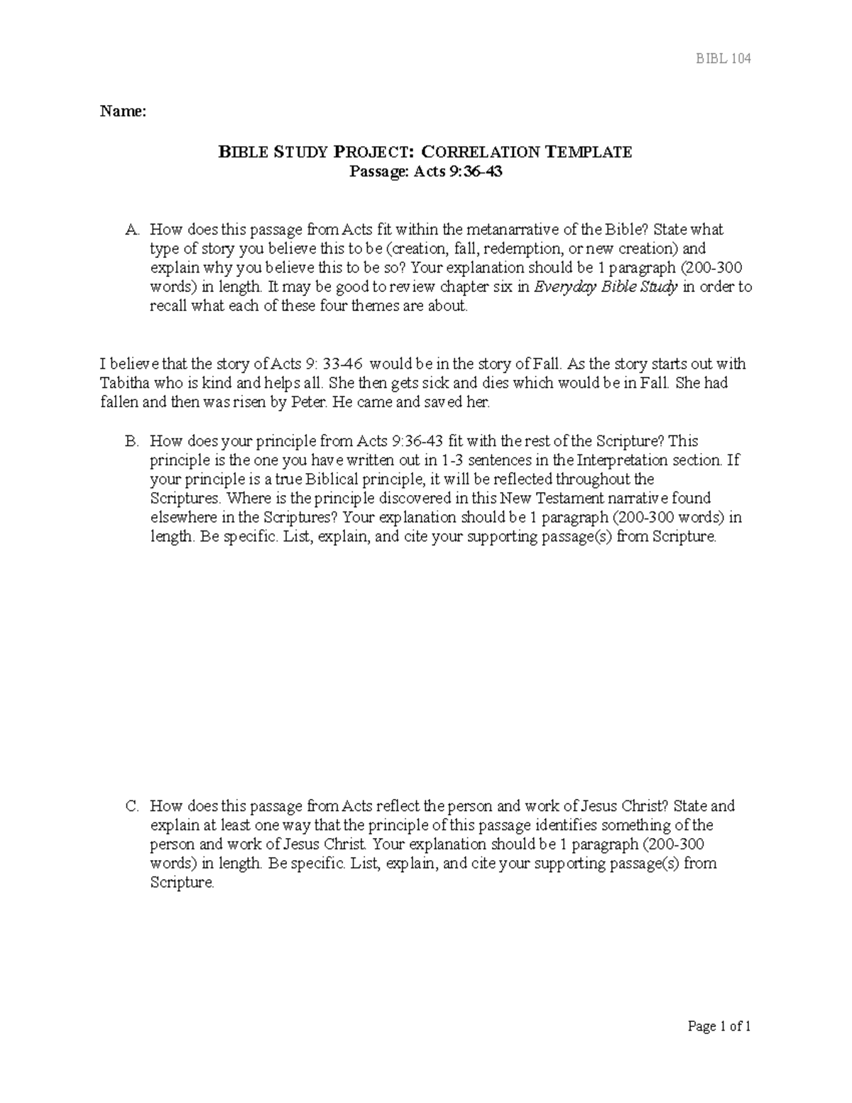 Bible Study Project Correlation 2nd part - BIBL 104 Name: BIBLE STUDY ...